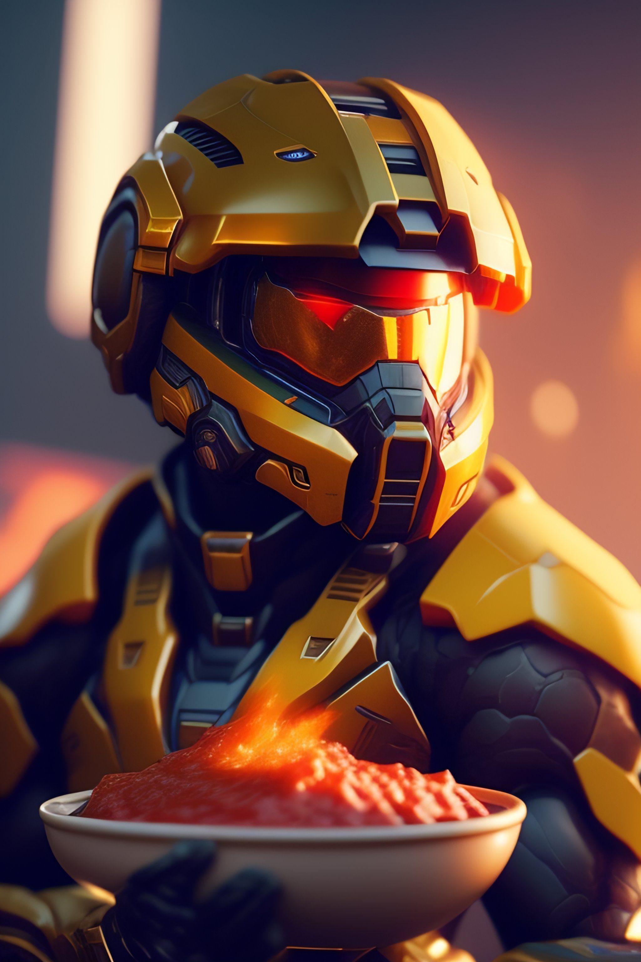 Lexica - Master Chief (halo), eating pasta with red sauce, male, strong ...