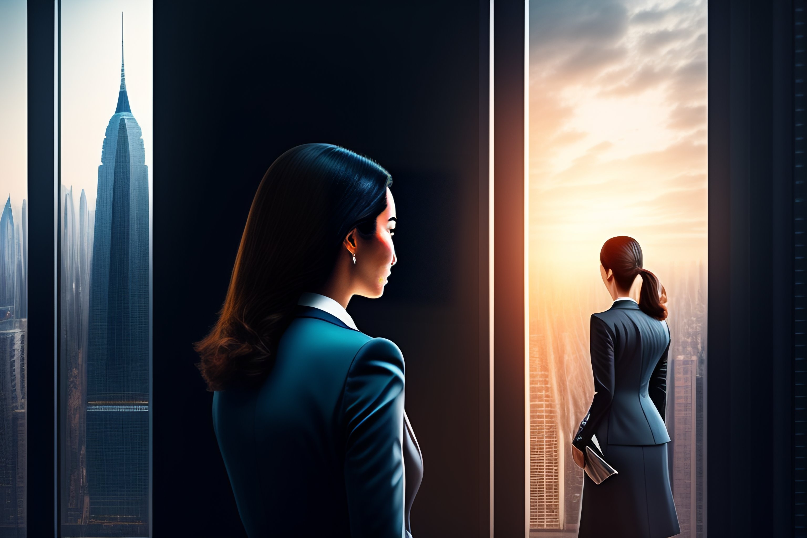 Lexica - Woman in suit staring down at dark skyscrapers over the ...