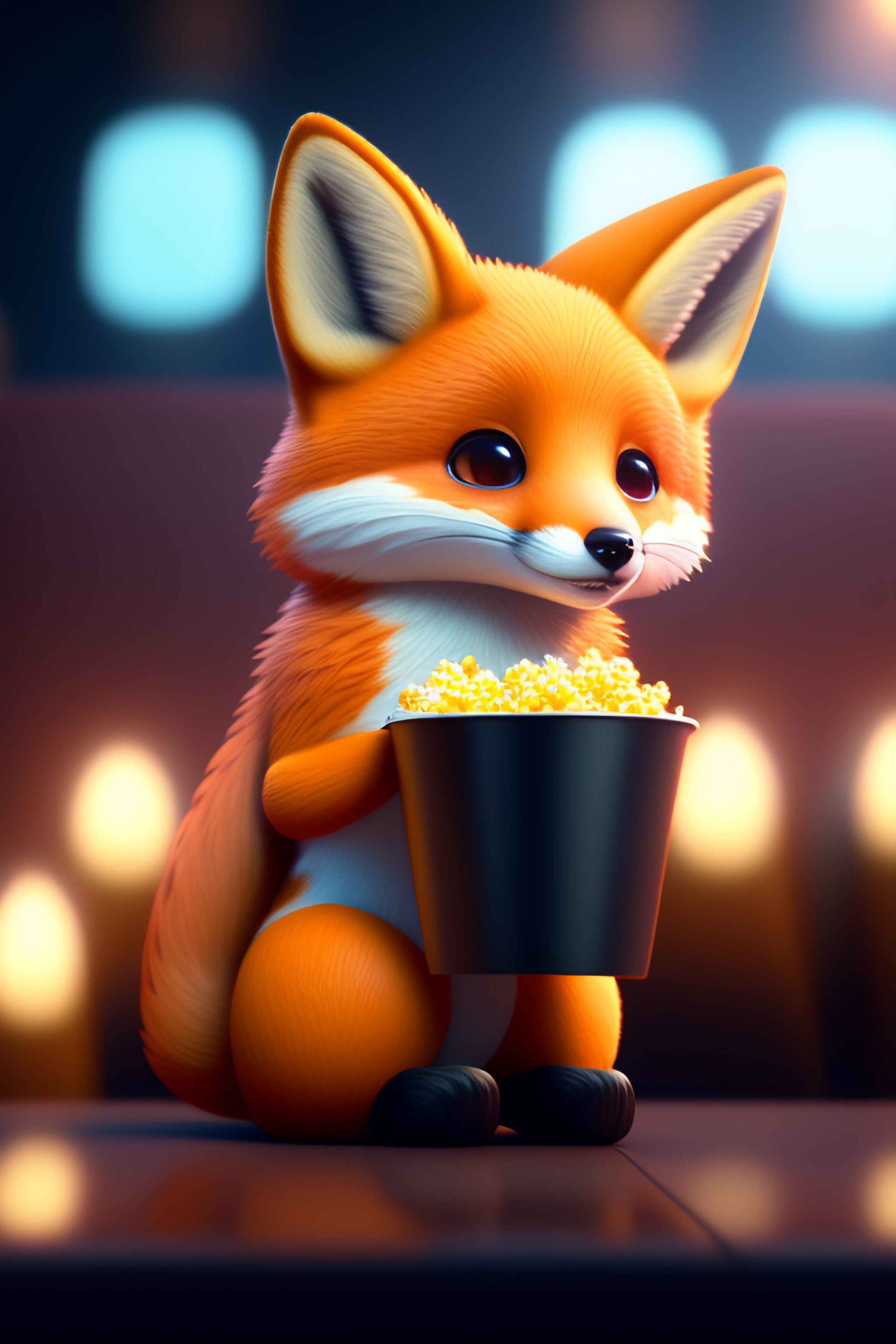 Lexica - Cute small Fox sitting in a movie theater eating popcorn ...