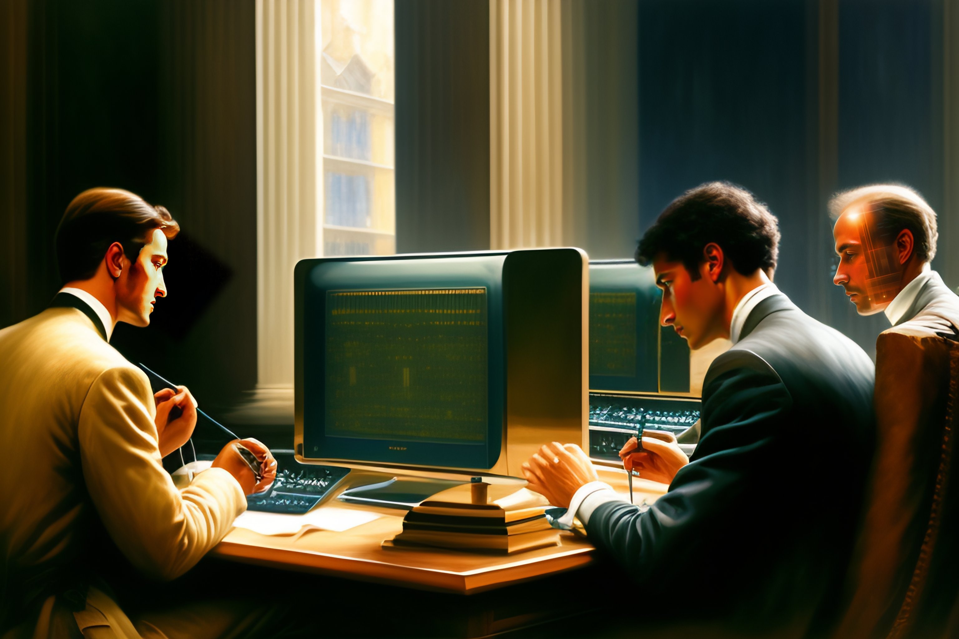 Lexica - Several people are typing on their computers by james gurney ...