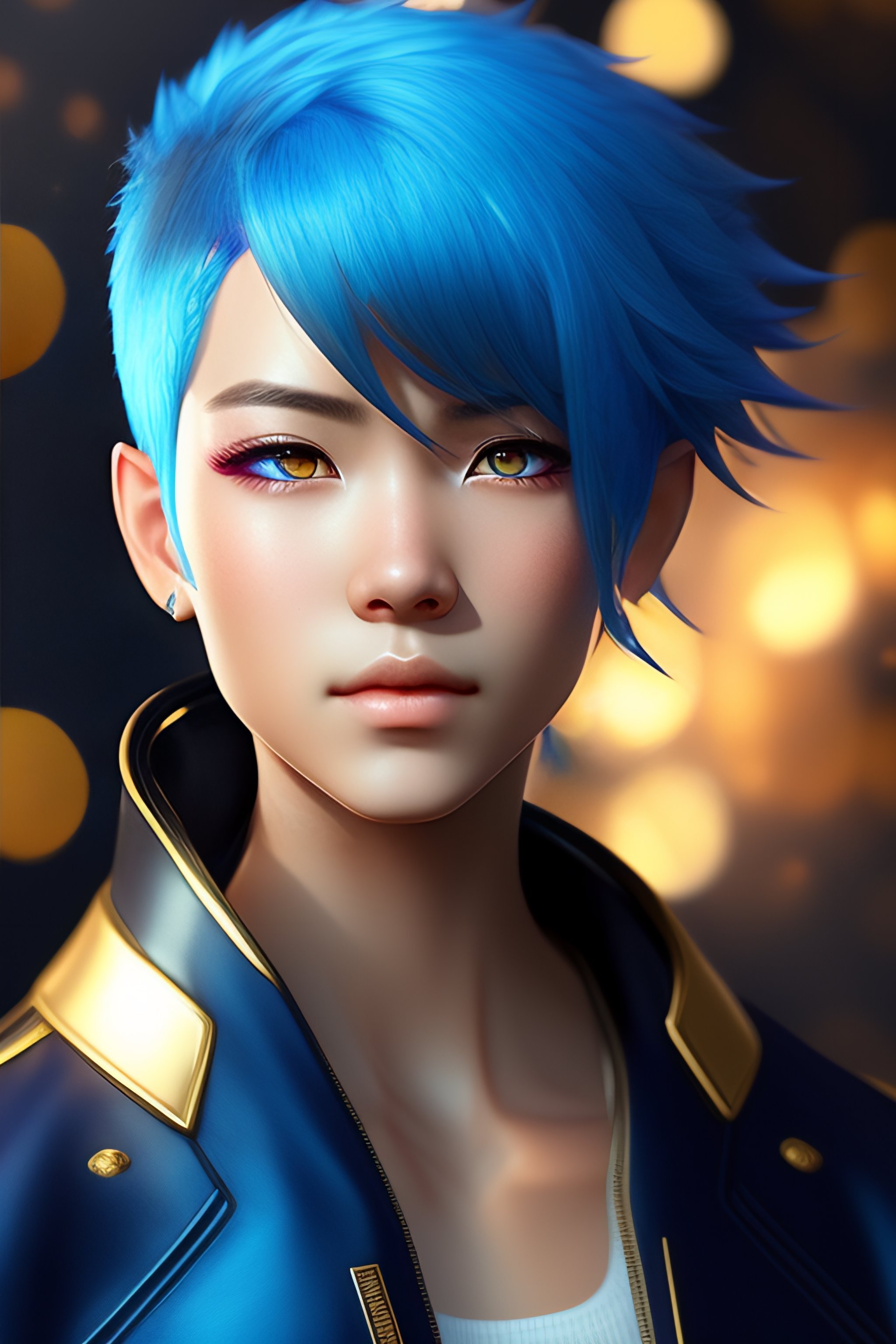 Lexica - Portrait of an anime character hyper realistic blue hair gold eyes
