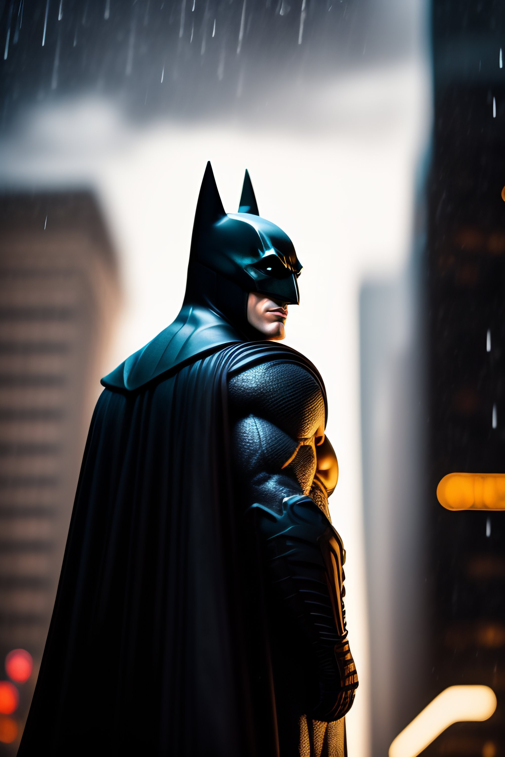 Lexica - Batman in new york, nighttime, raining, bat symbol next to him