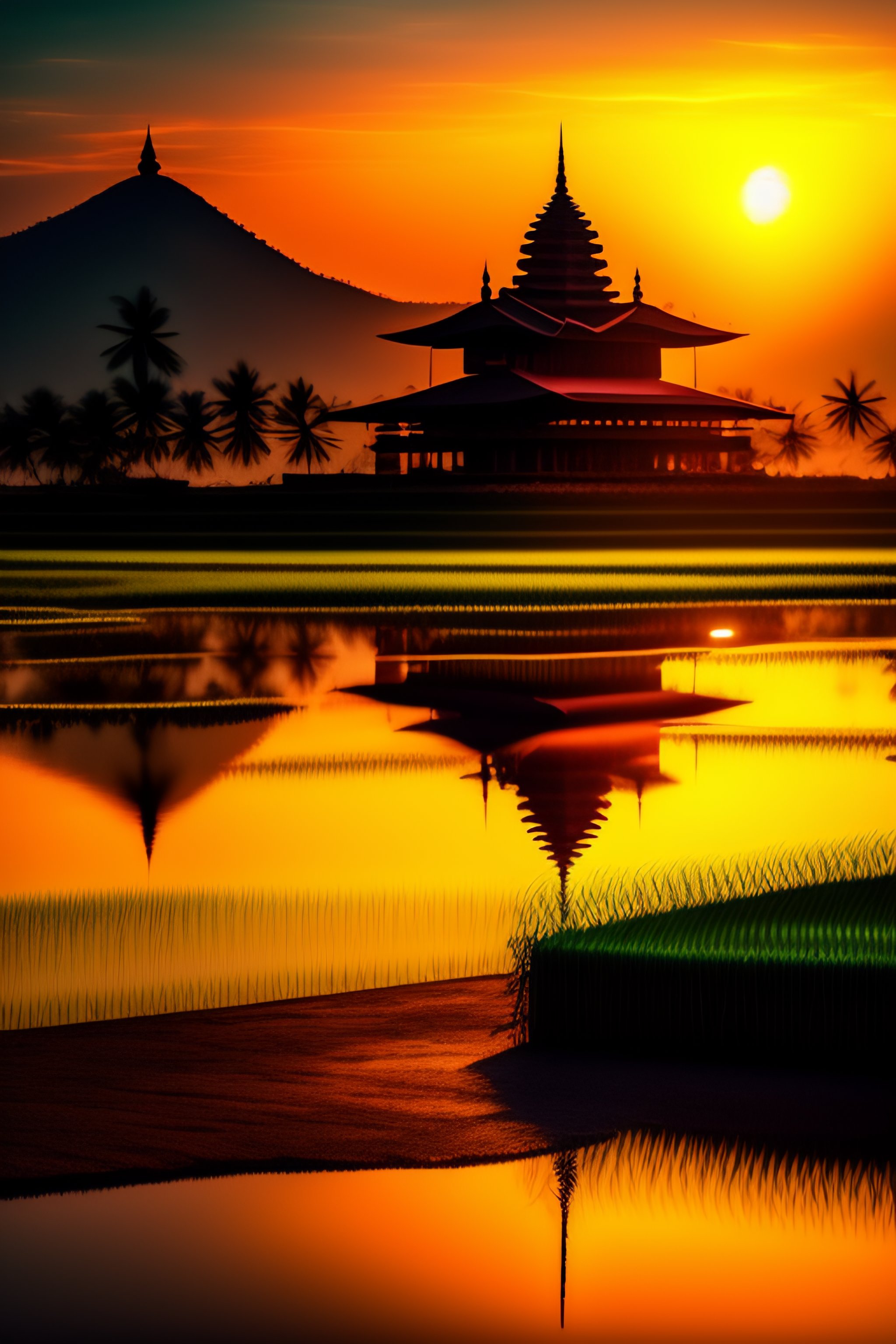 Lexica - Sri Lanka Buddhist temple, sun set, dynamic lighting, paddy fields