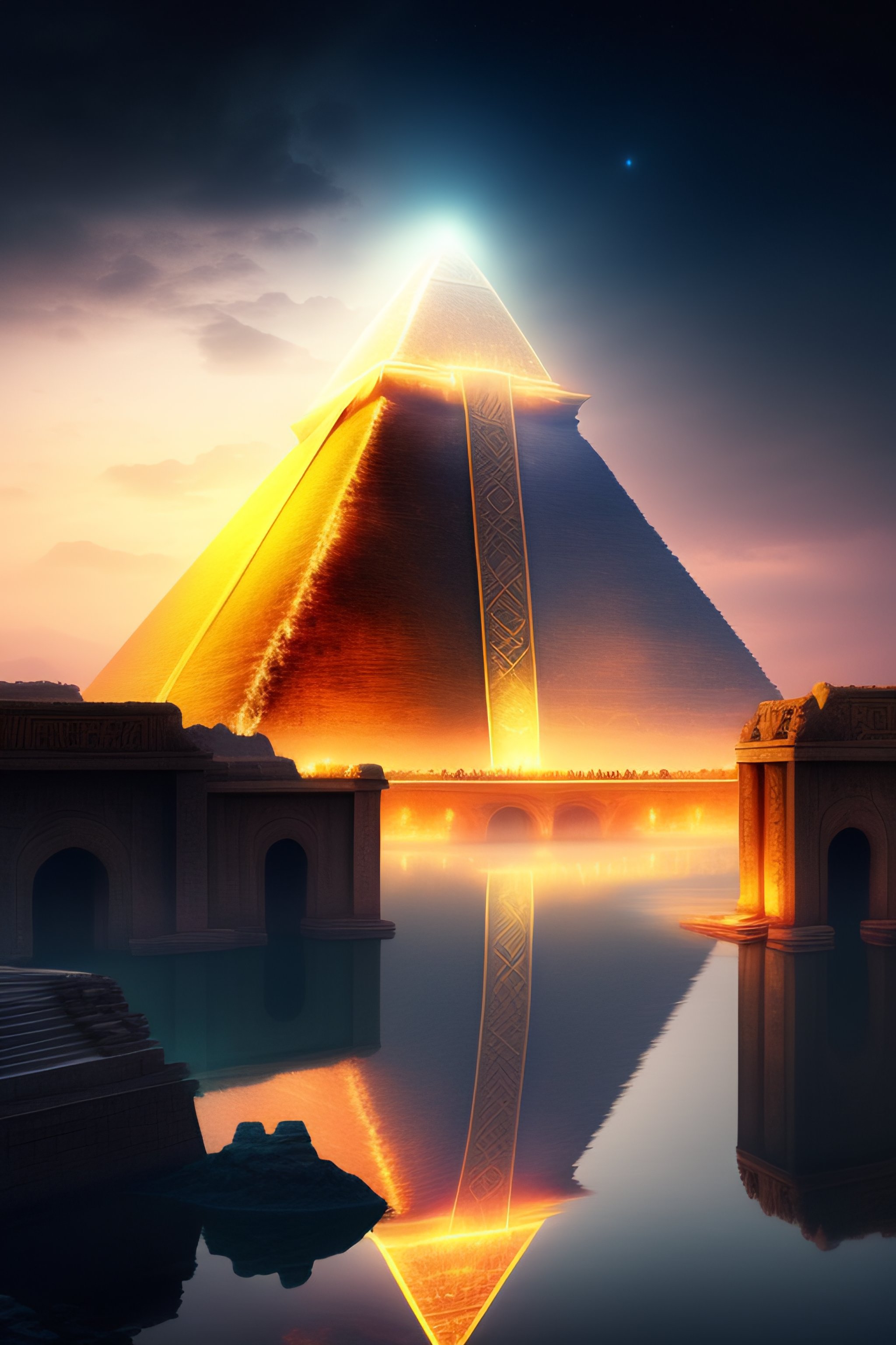 Lexica - A distant view of a single white glowing magical great pyramid ...