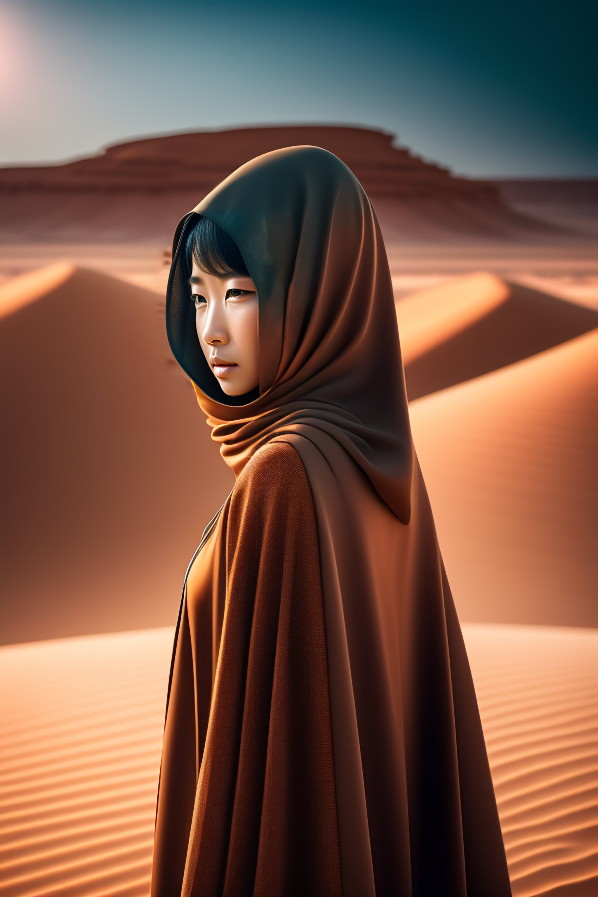 Lexica - A girl from behind in the desert with a beautiful futuristic ...