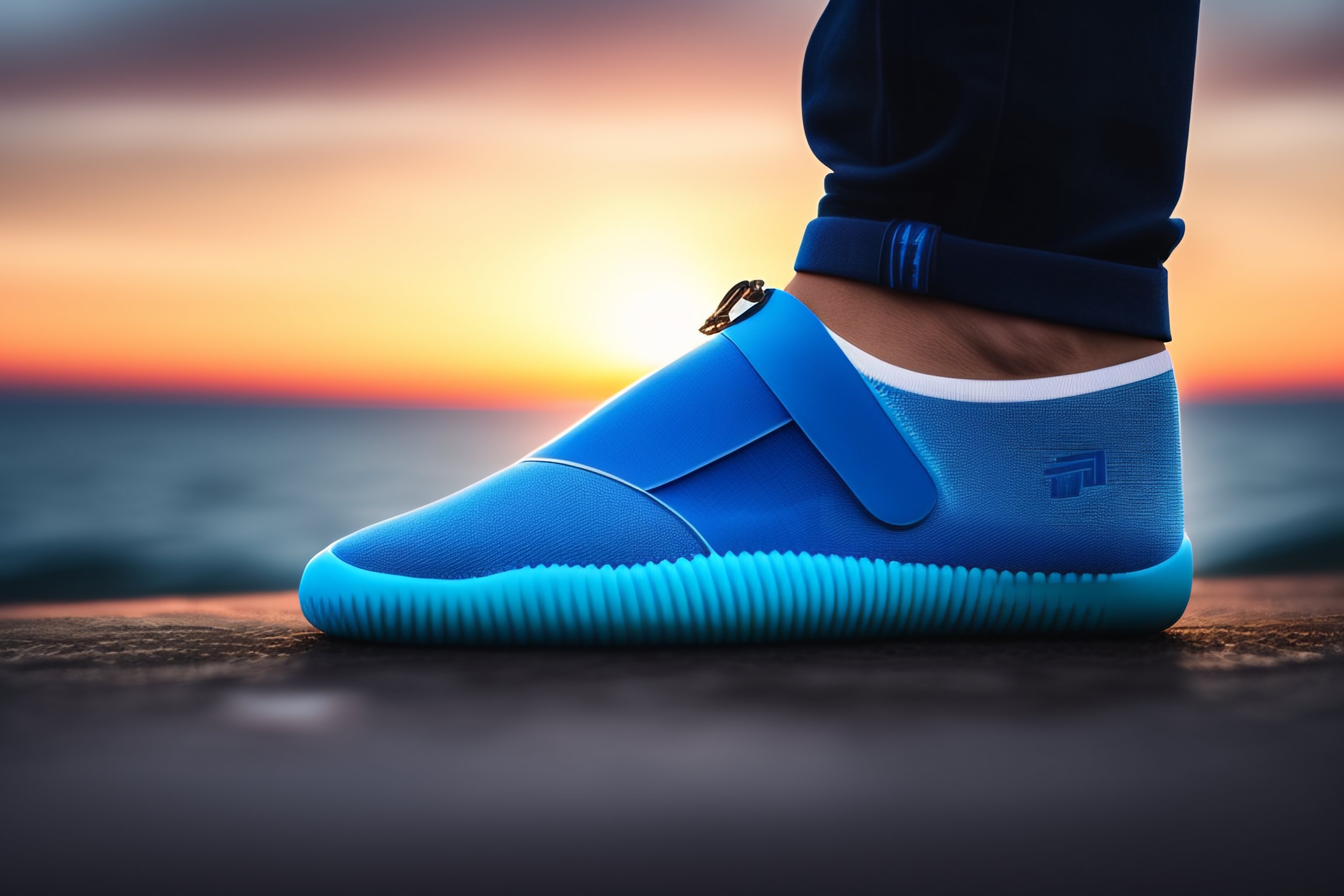 Lexica - A close up of a person's feet with a blue shoe cover, foot wraps