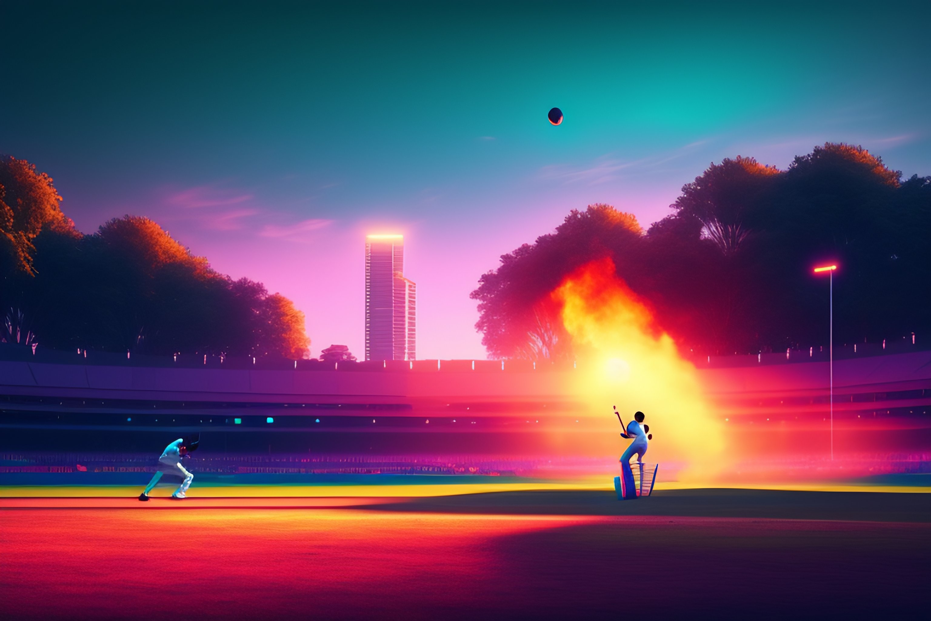 Lexica - CRICKET BATTER IN PITCH, vibrant lush neon lighting, beautiful ...