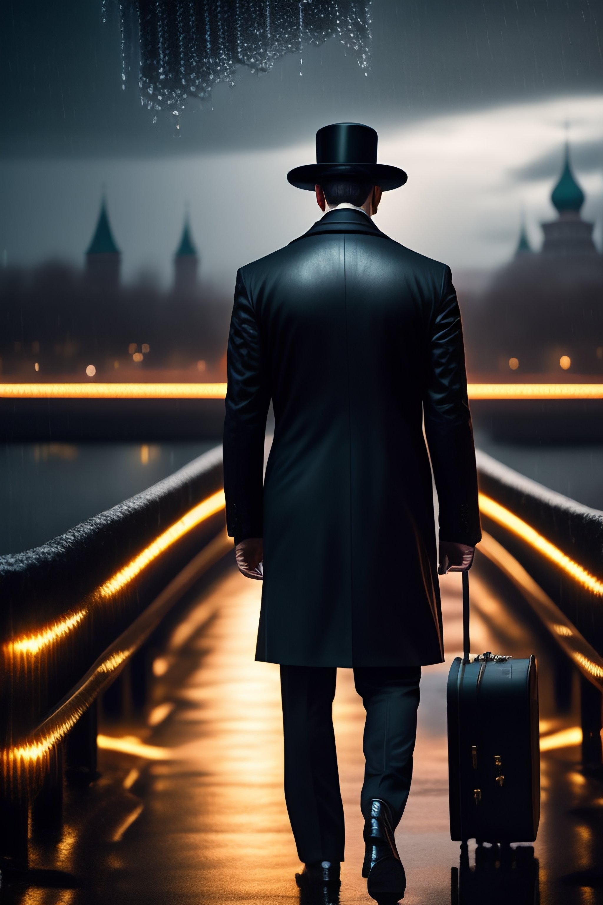 Lexica - A rainy dark nightscene of a man wearing a bowler hat and ...