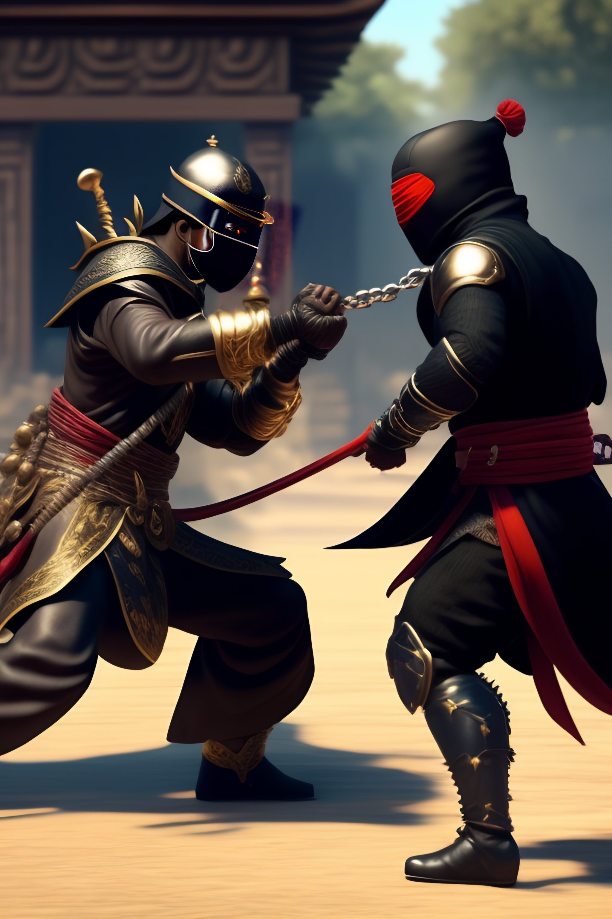 Lexica - A Brave Black Ninja shouting at an assassin chained in a temple
