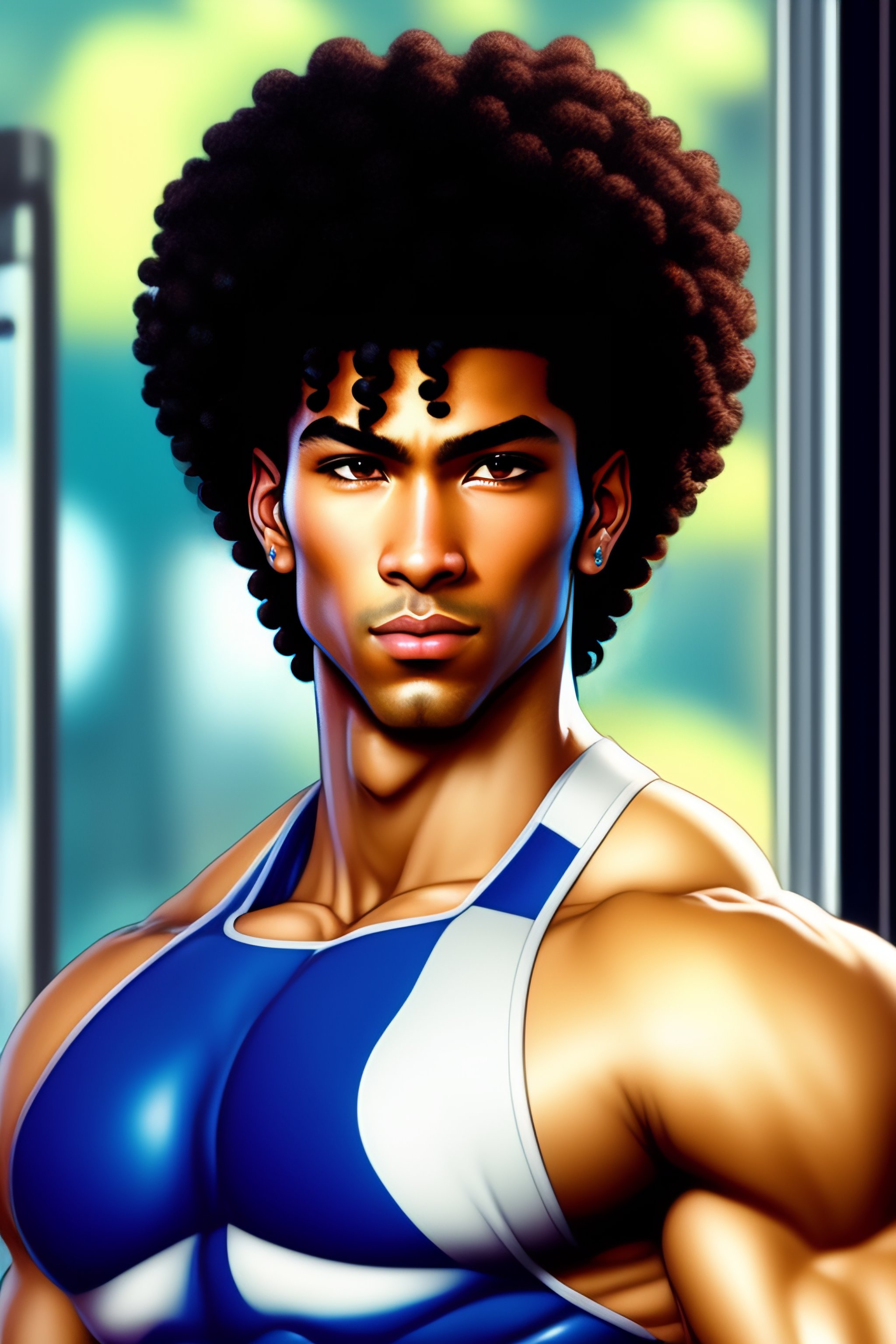 Lexica - Mixed race male programmer who goes gym with big curly hair ...