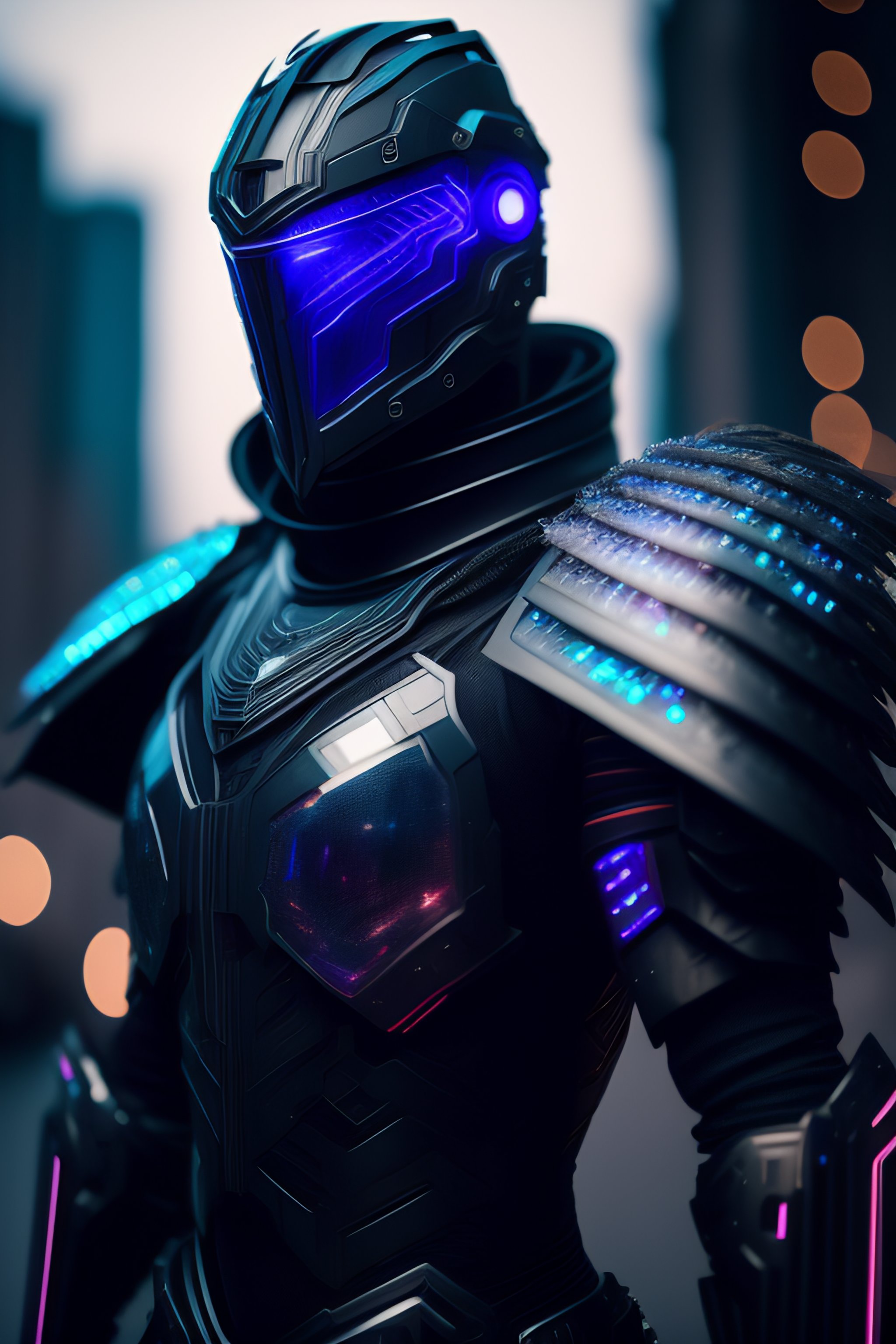 Lexica - A photograph of a cyberpunk armour made of black titanium and ...
