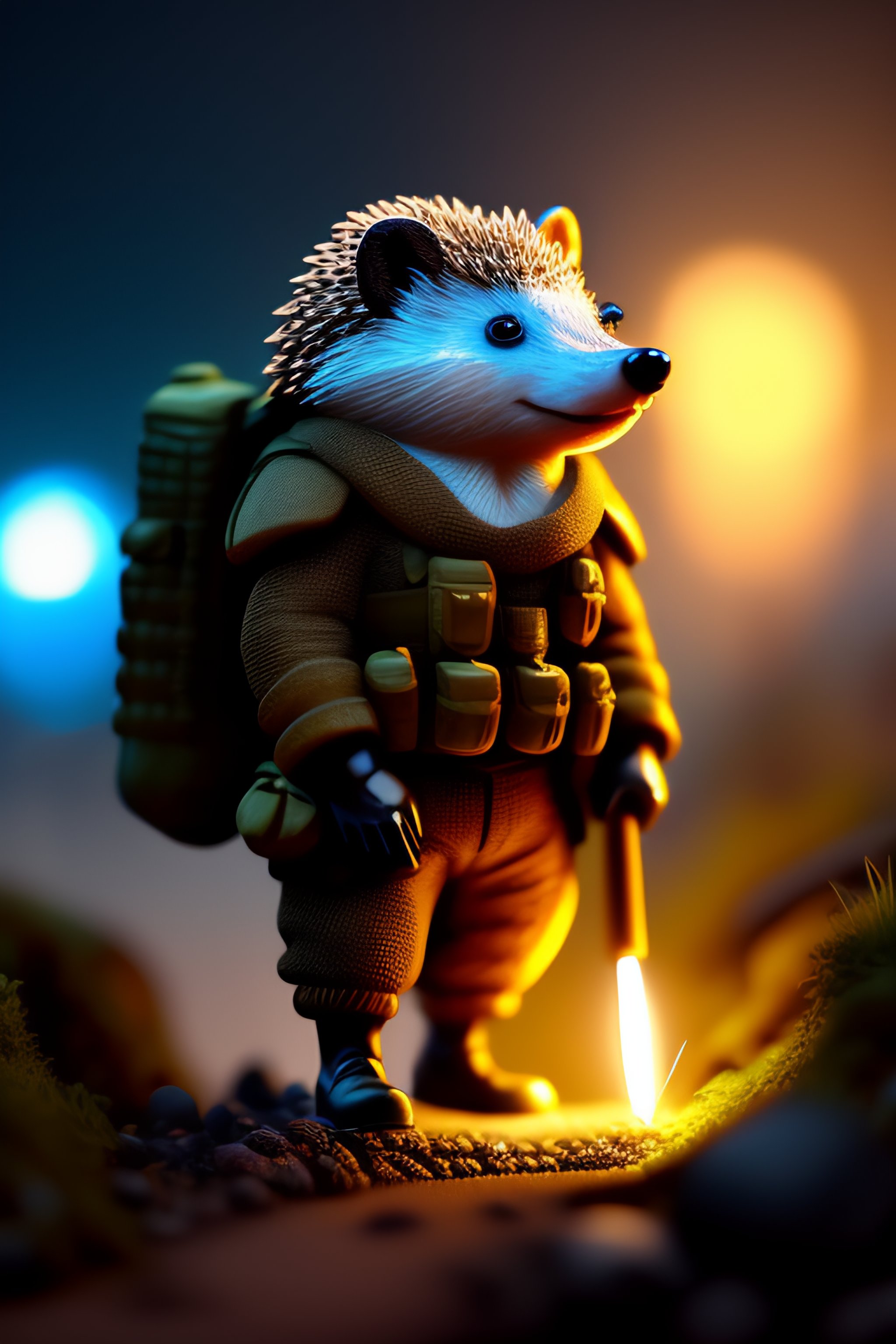 Lexica - An exhausted hedgehog at the frontlines in the army at night ...