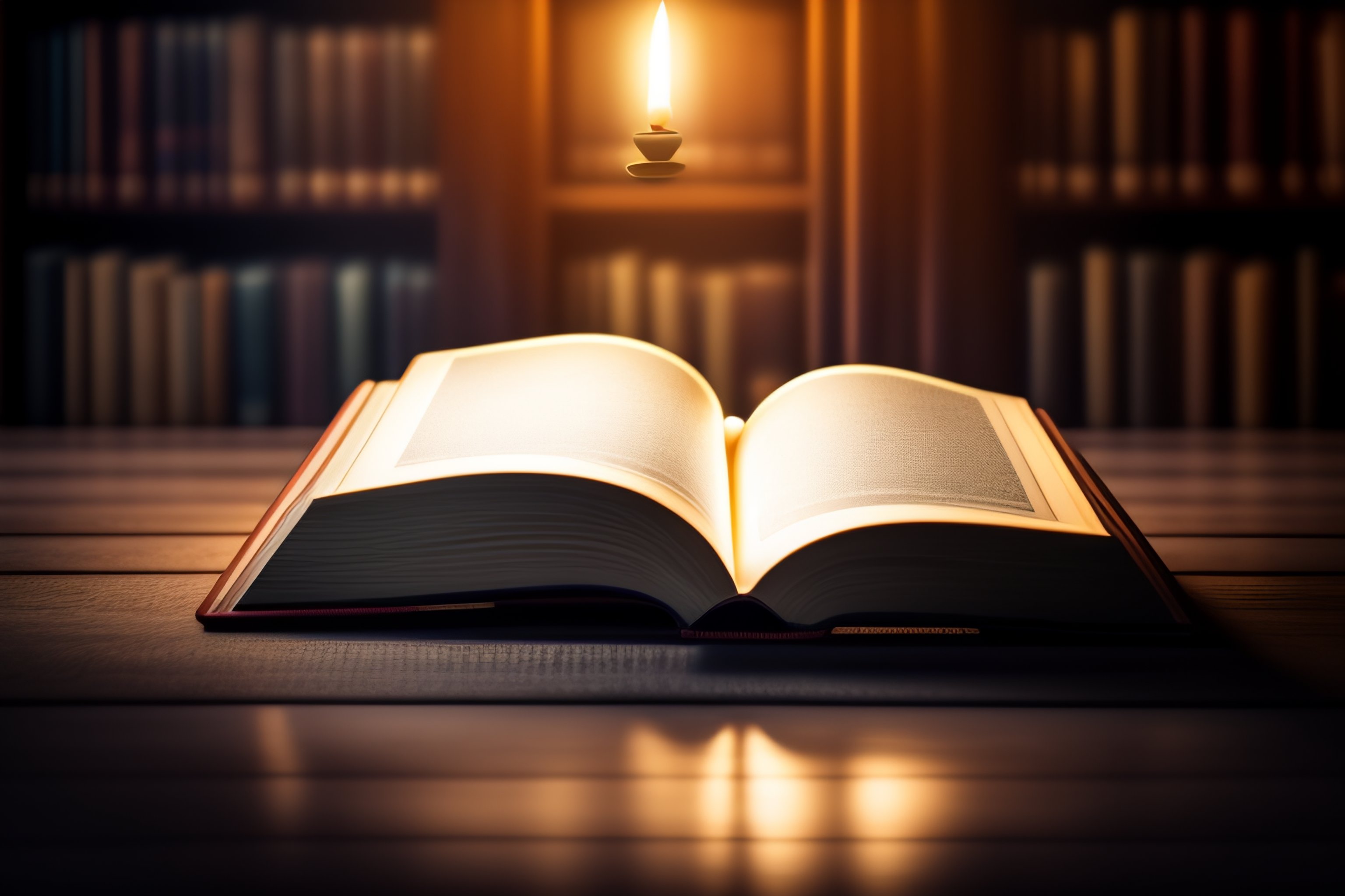 Lexica - Open book with candles on a pedestal inside a huge library