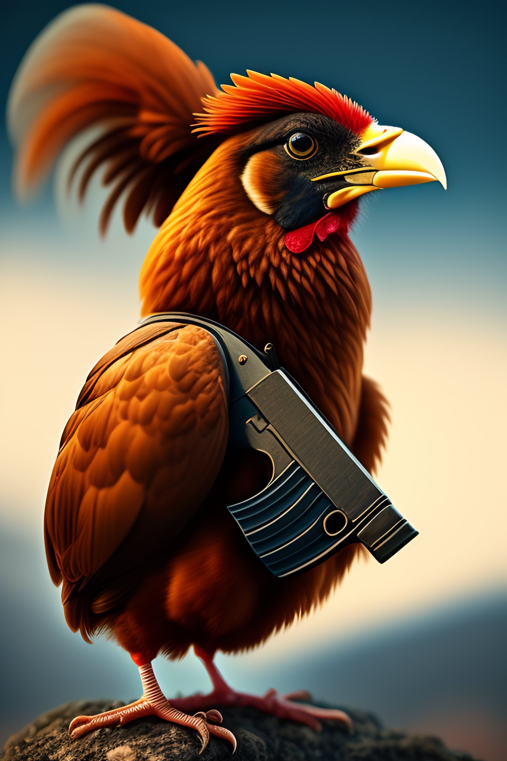 Lexica - A realistic angry looking chicken wielding an ak-47