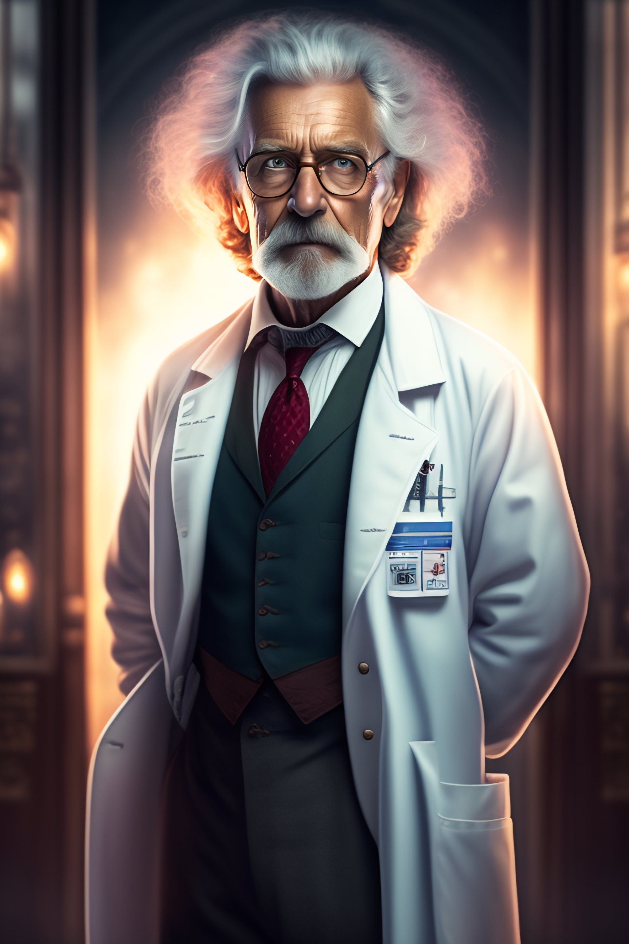 Lexica - An old mad scientist in a children's style in a white coat and ...