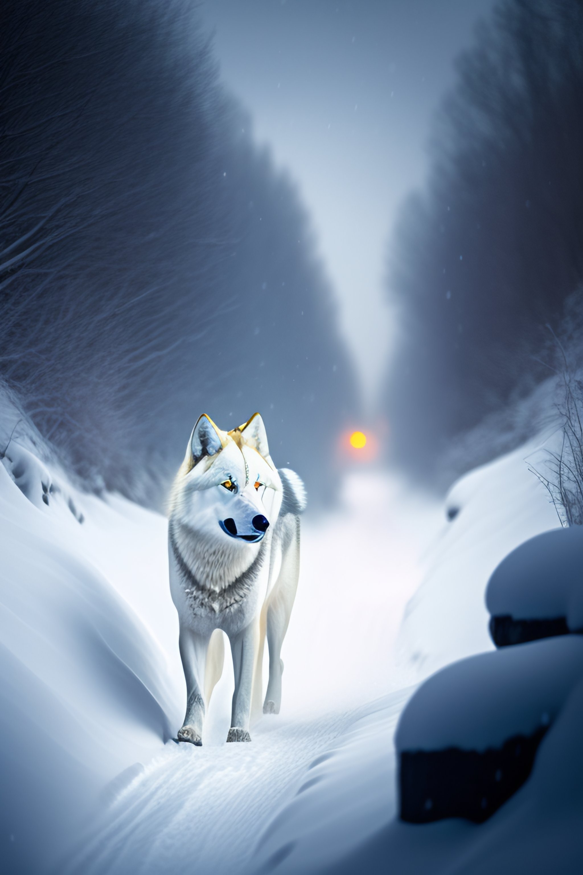 Lexica - White wolf walking slowly through blizzard at night