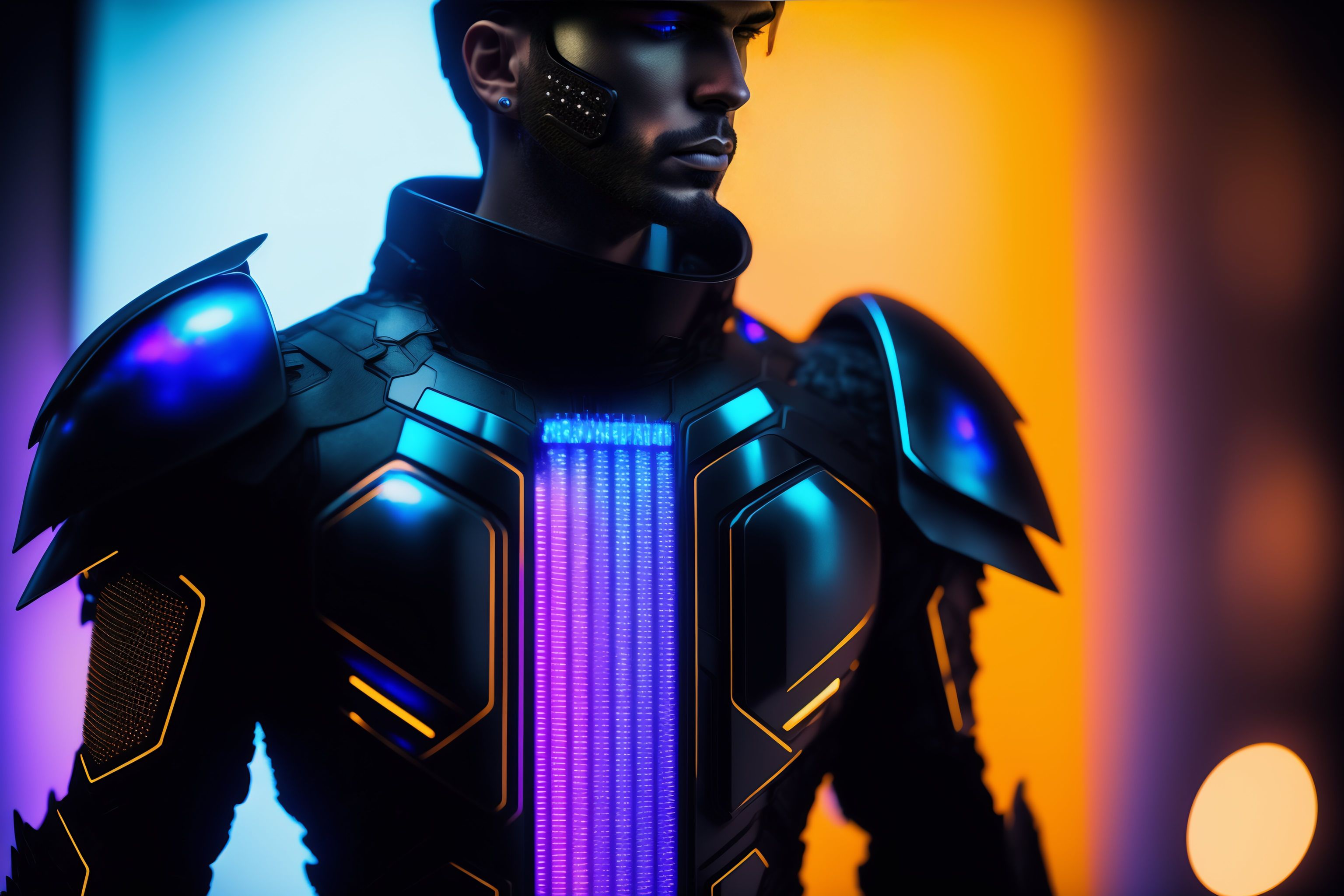 Lexica - A photograph of a cyberpunk armour made of black titanium and ...
