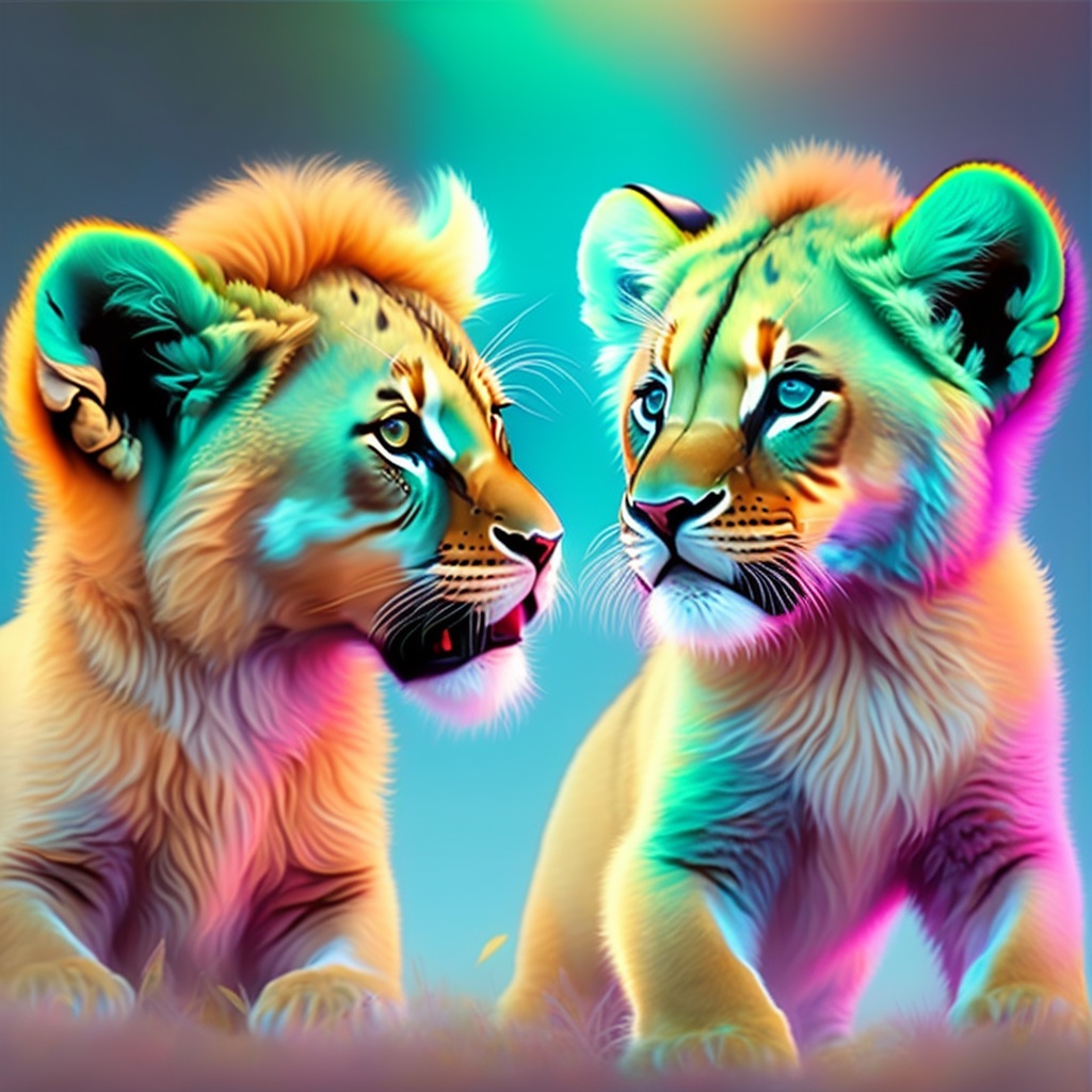 Lexica - 2 baby lion cubs playing, Illustration, neon fluro background ...