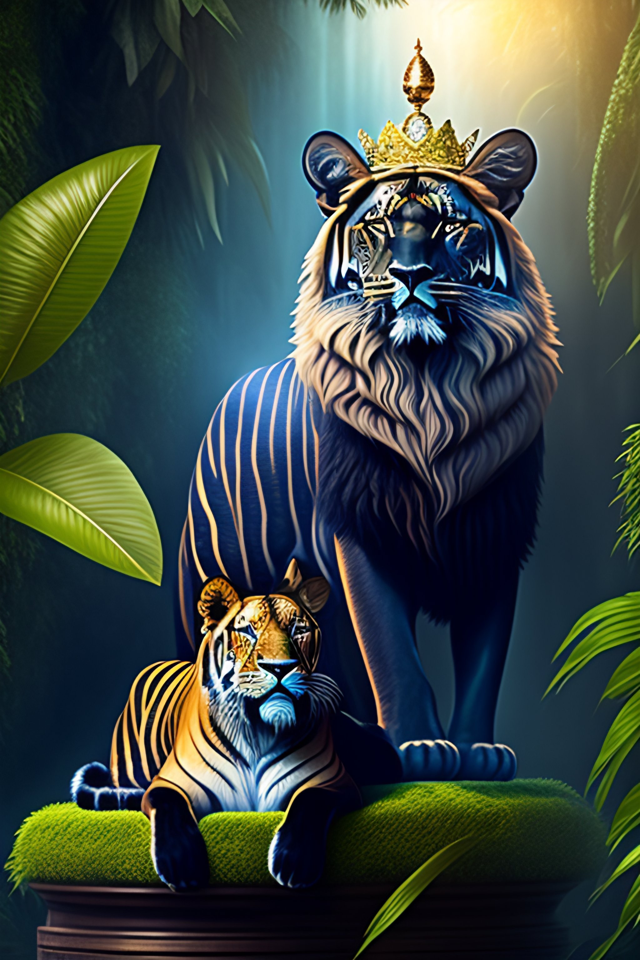 Lexica - King black cat sitting on throne, with crown, in jungle, lions, tigers, animals.