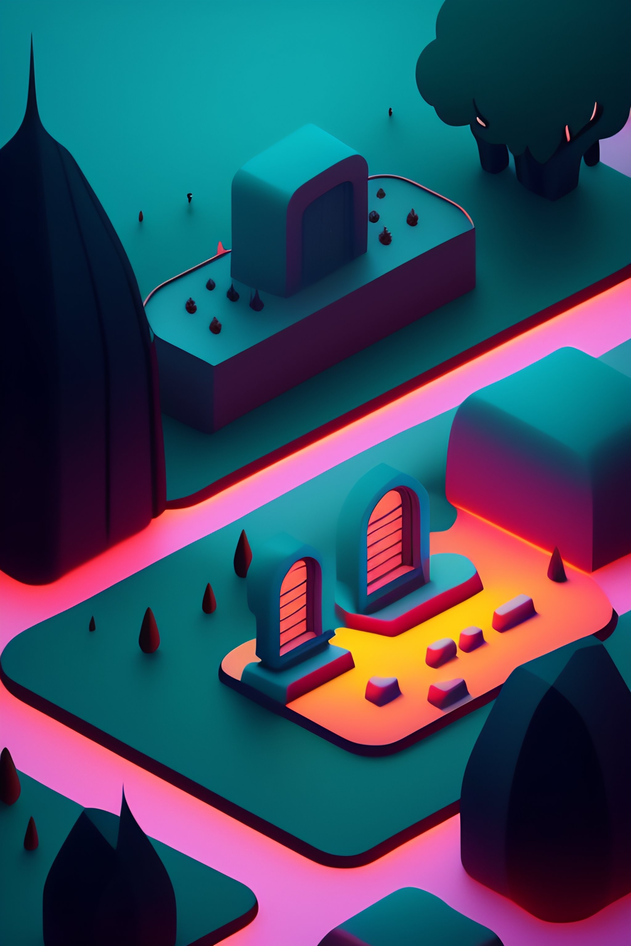 Lexica - Isometric render of a graveyard by a river, simple, solid ...