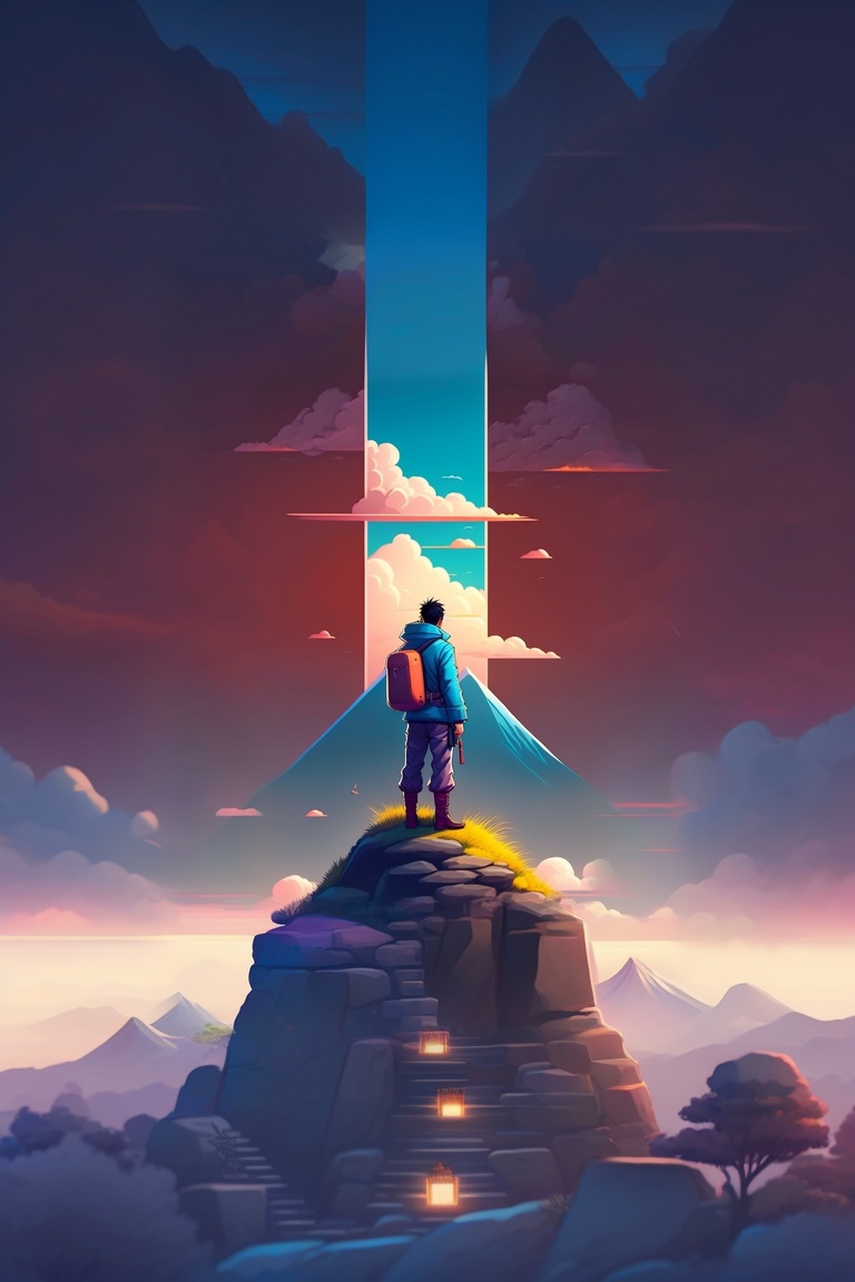 Lexica - 2d， japanese comic style, one man stand on the top of the hill