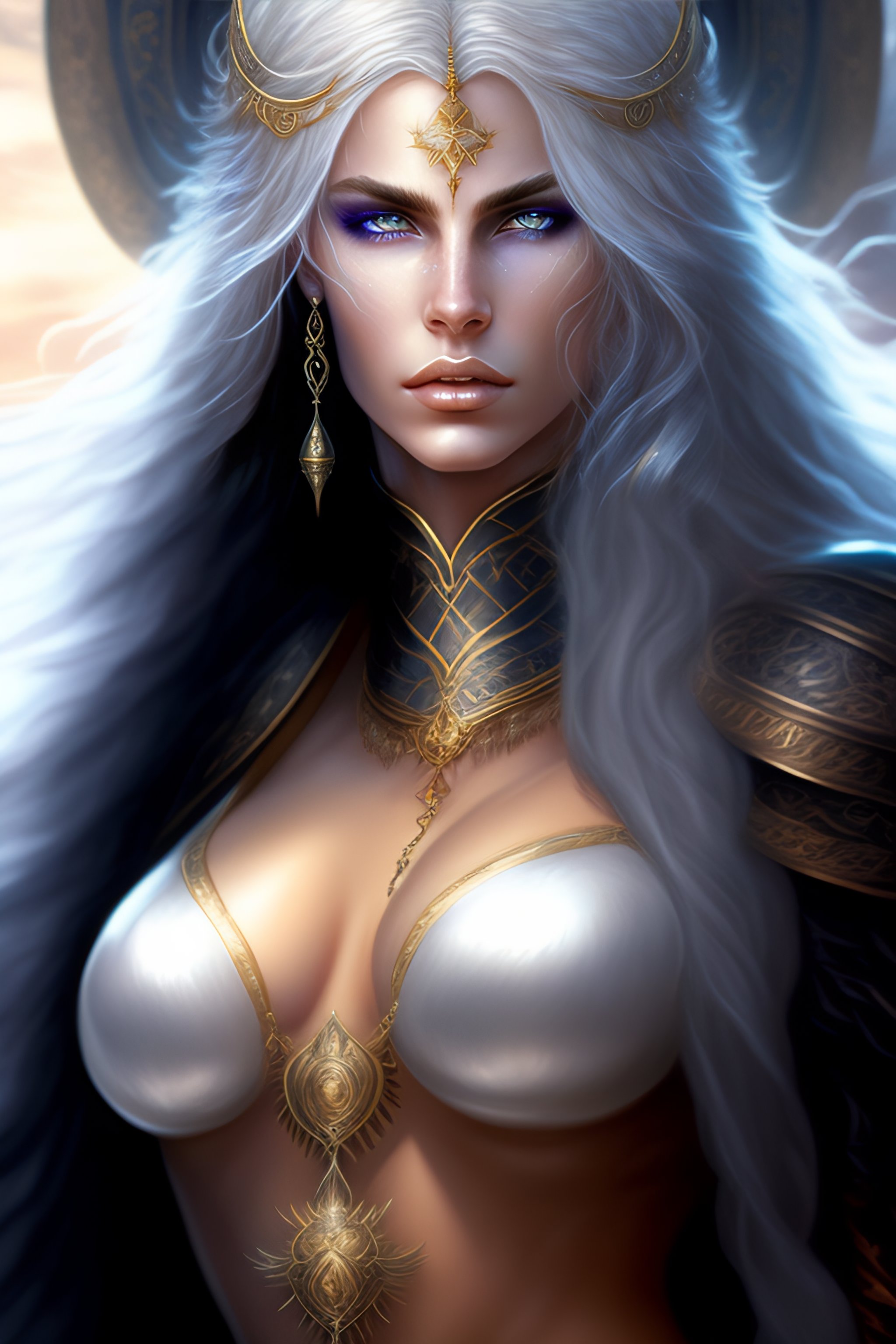 Lexica - Female, mage godess with long white hair, art by luis royo, sorcerer, shaved temple ...