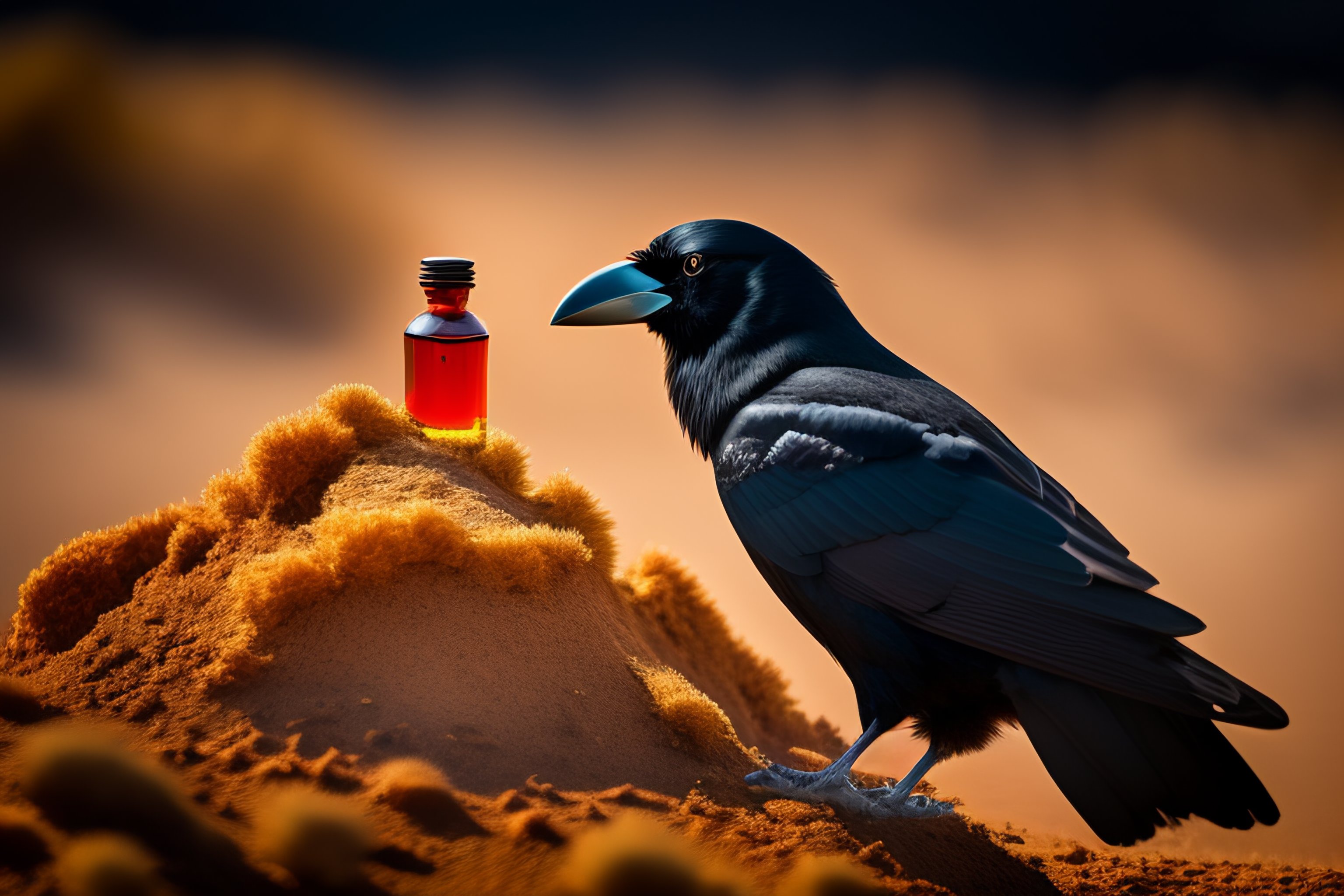 Lexica - Crow drinking a falling bottle water, desert, high detail ...