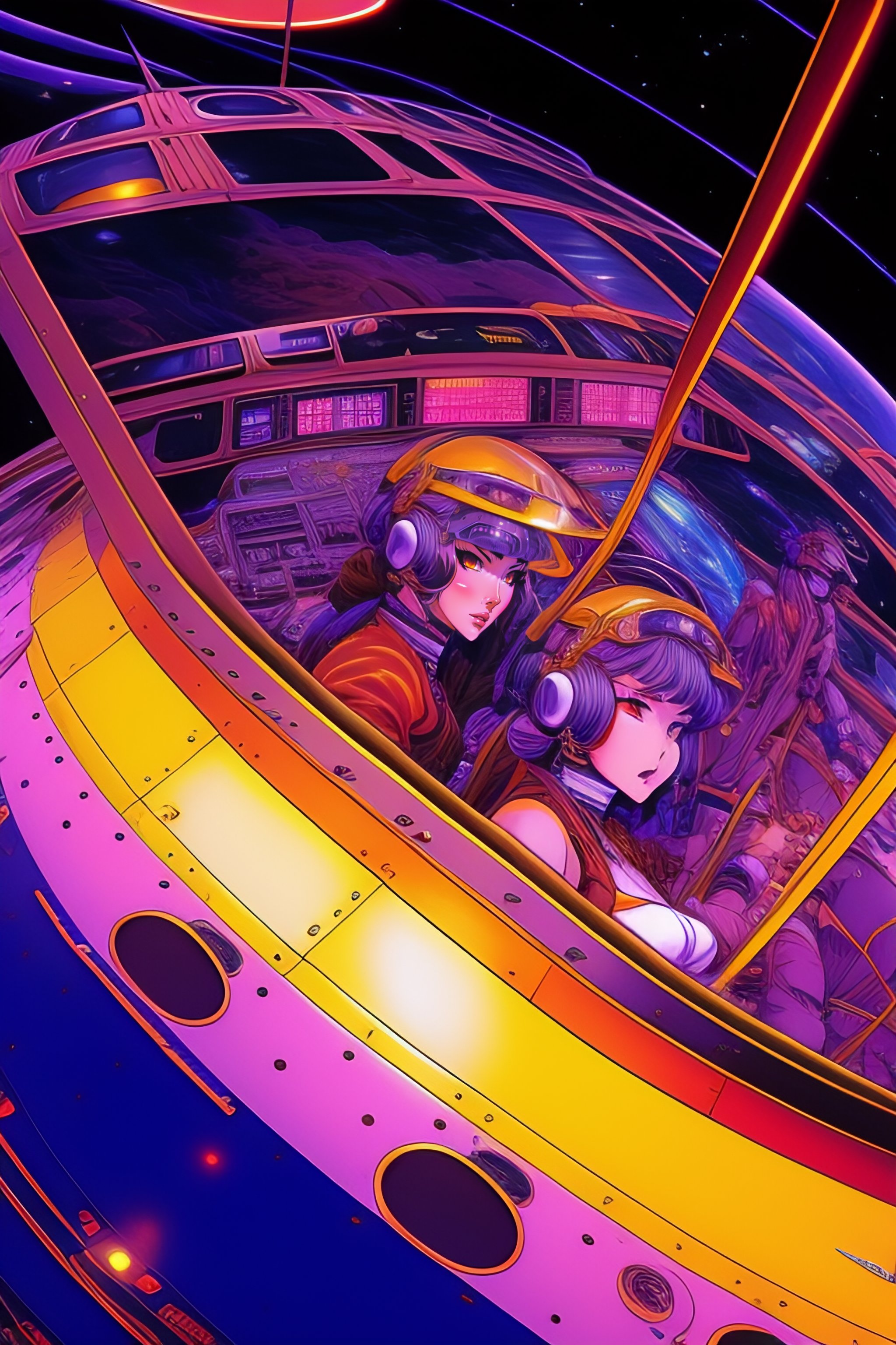 Lexica - Vintage 90's anime style. cluttered starship interior; crew ...