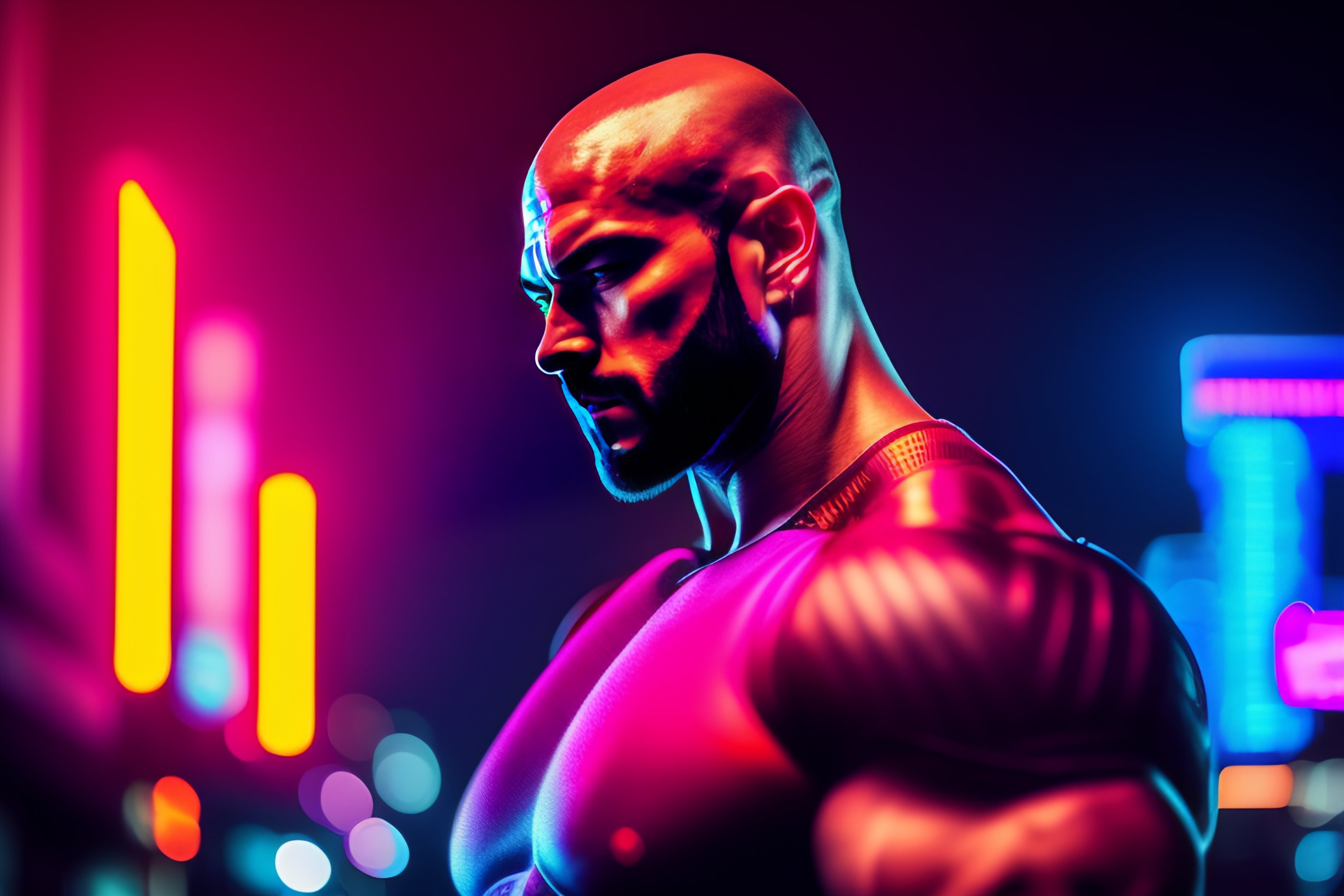 Lexica - Action shot of a bald cyberpunk man with cyberneticaly ...