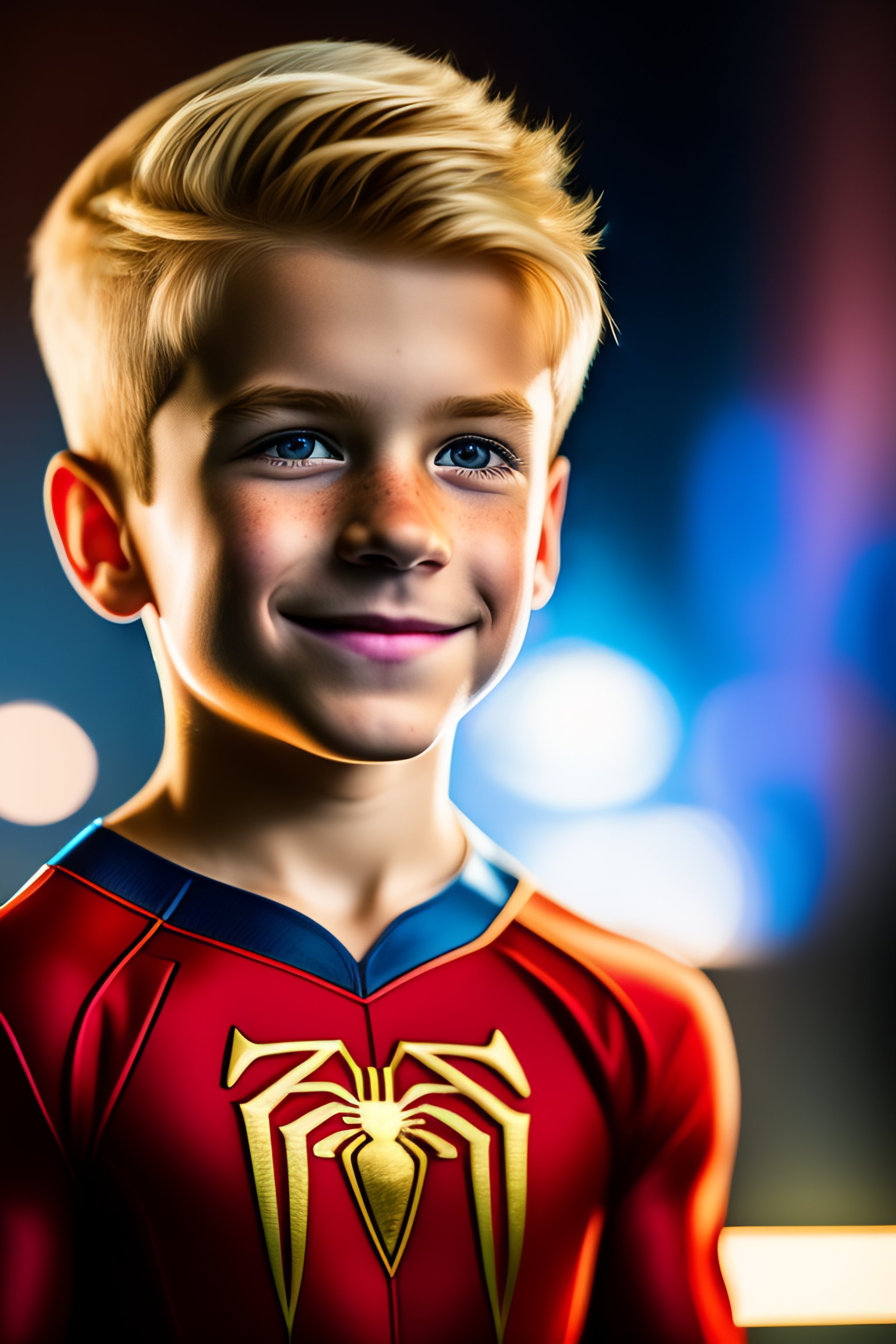 Lexica - A portrait of a young blond boy as spiderman, photo, 35mm ...