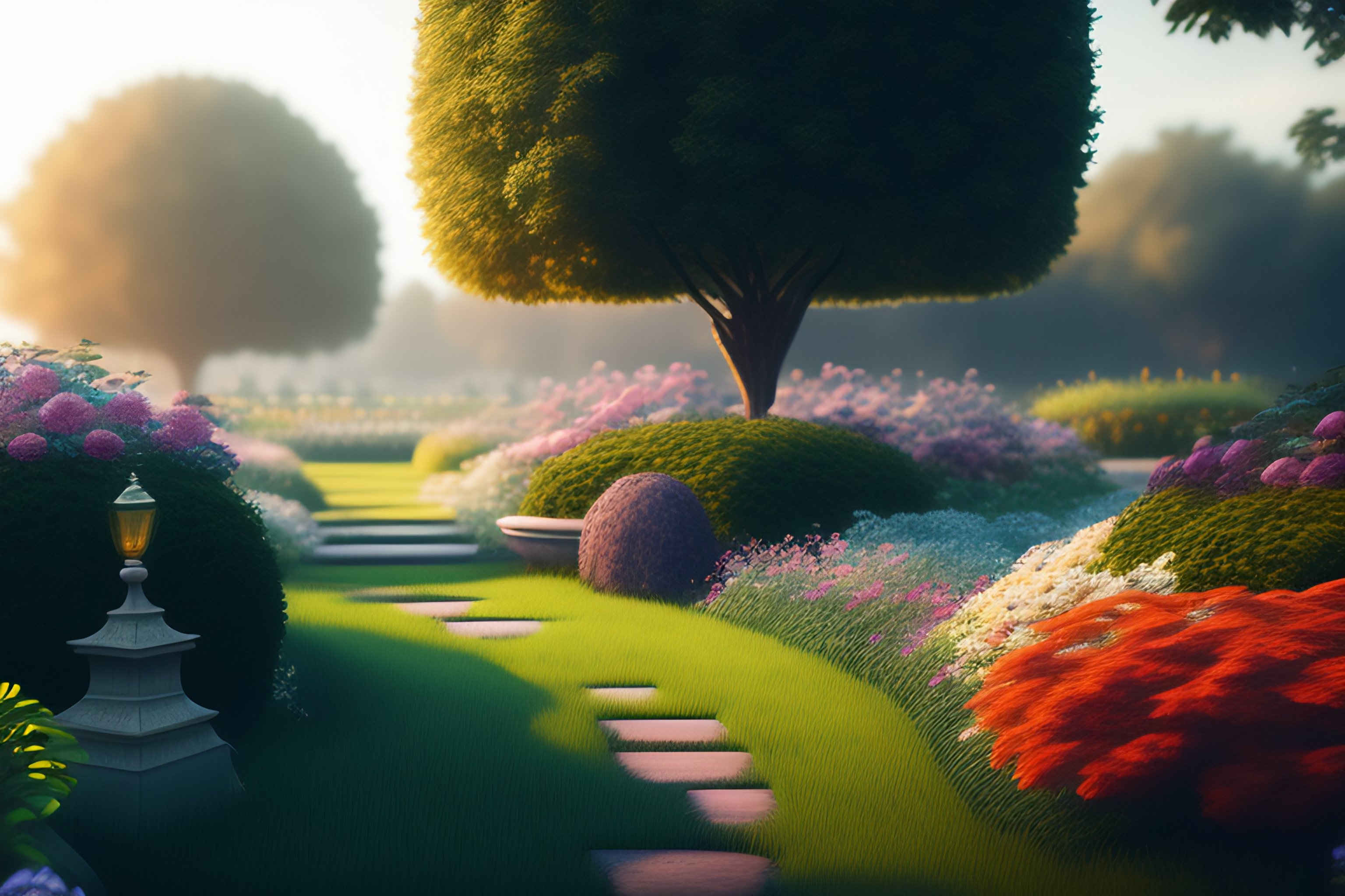 Lexica - Professional photograph landscape garden with flowers, unreal ...