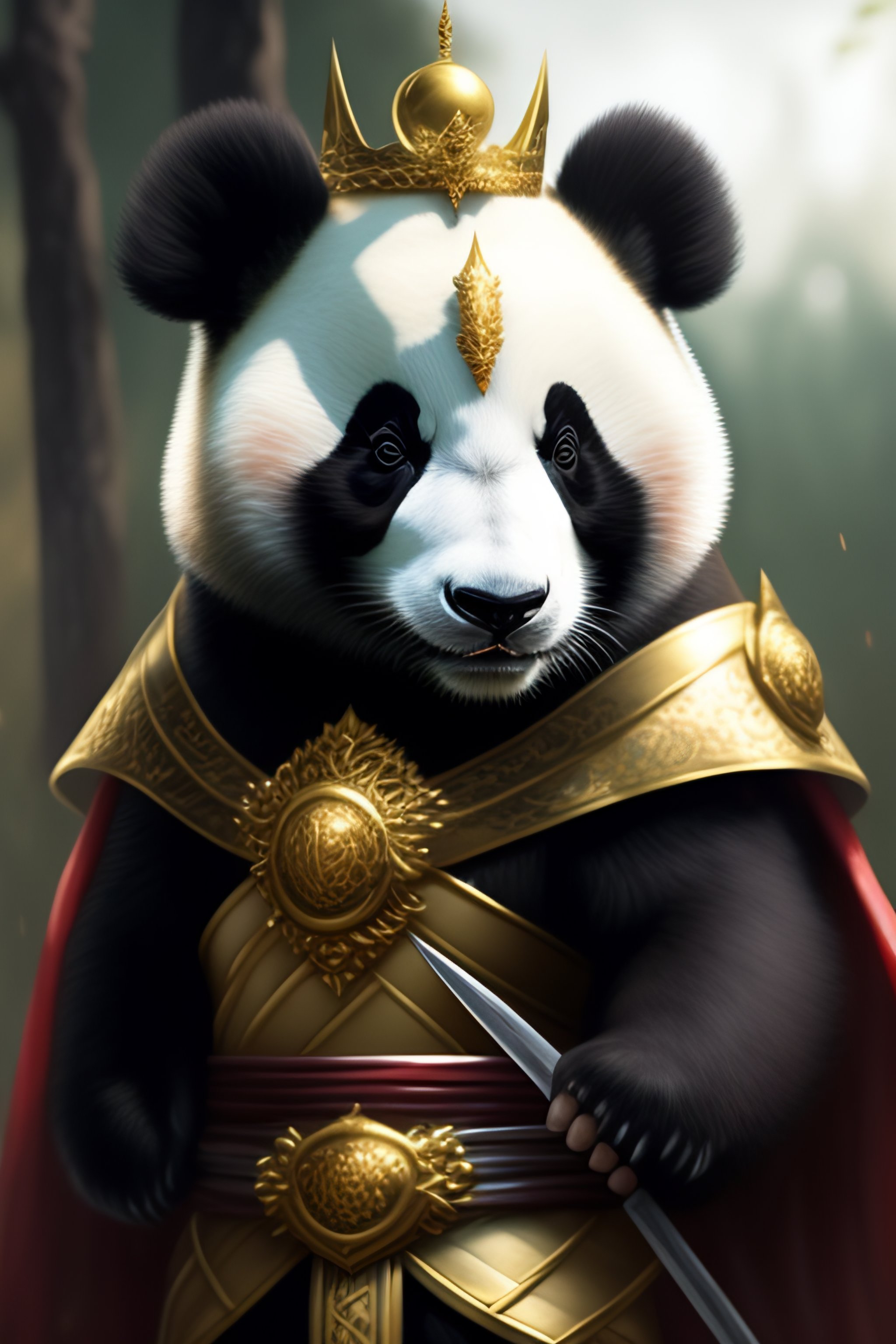Lexica - Baby panda with crown and golden sword, bloody eyes, by greg ...
