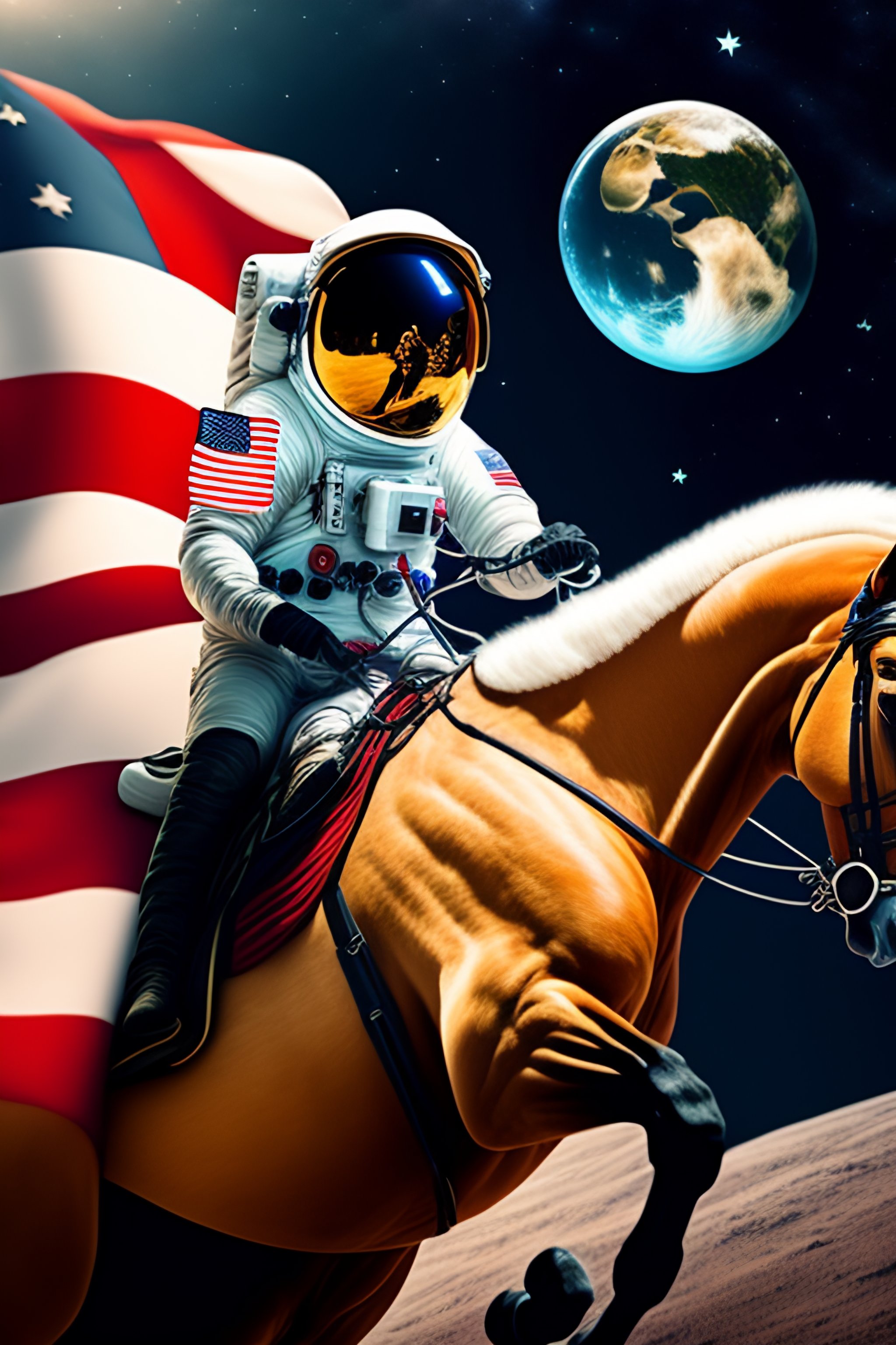 Lexica - Astronaut on the moon riding a horse with american flag and ...