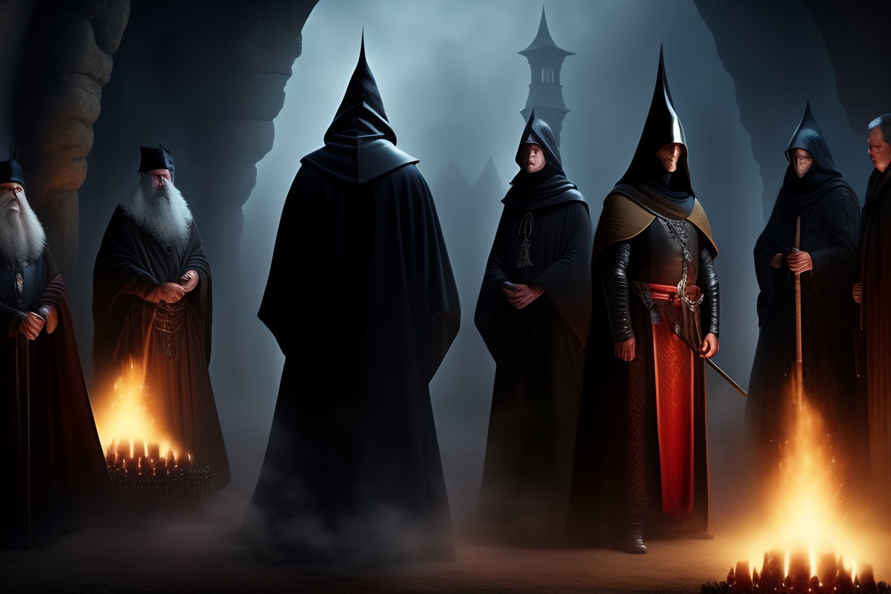 Lexica - Group of ugly old hideous warlocks, black robes, evil, men ...