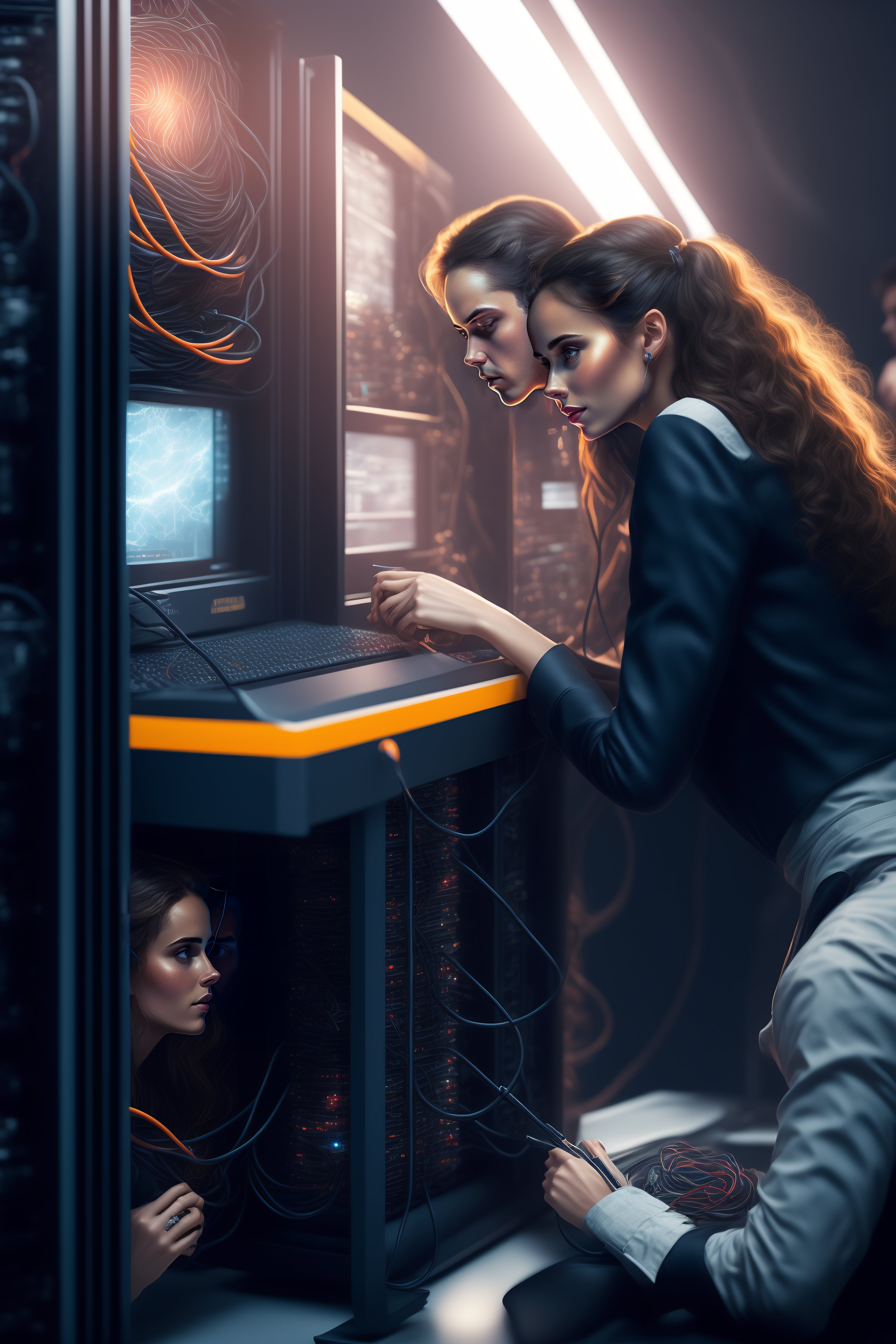 Lexica - Illustration an it guy who is plugging a girl through cables ...