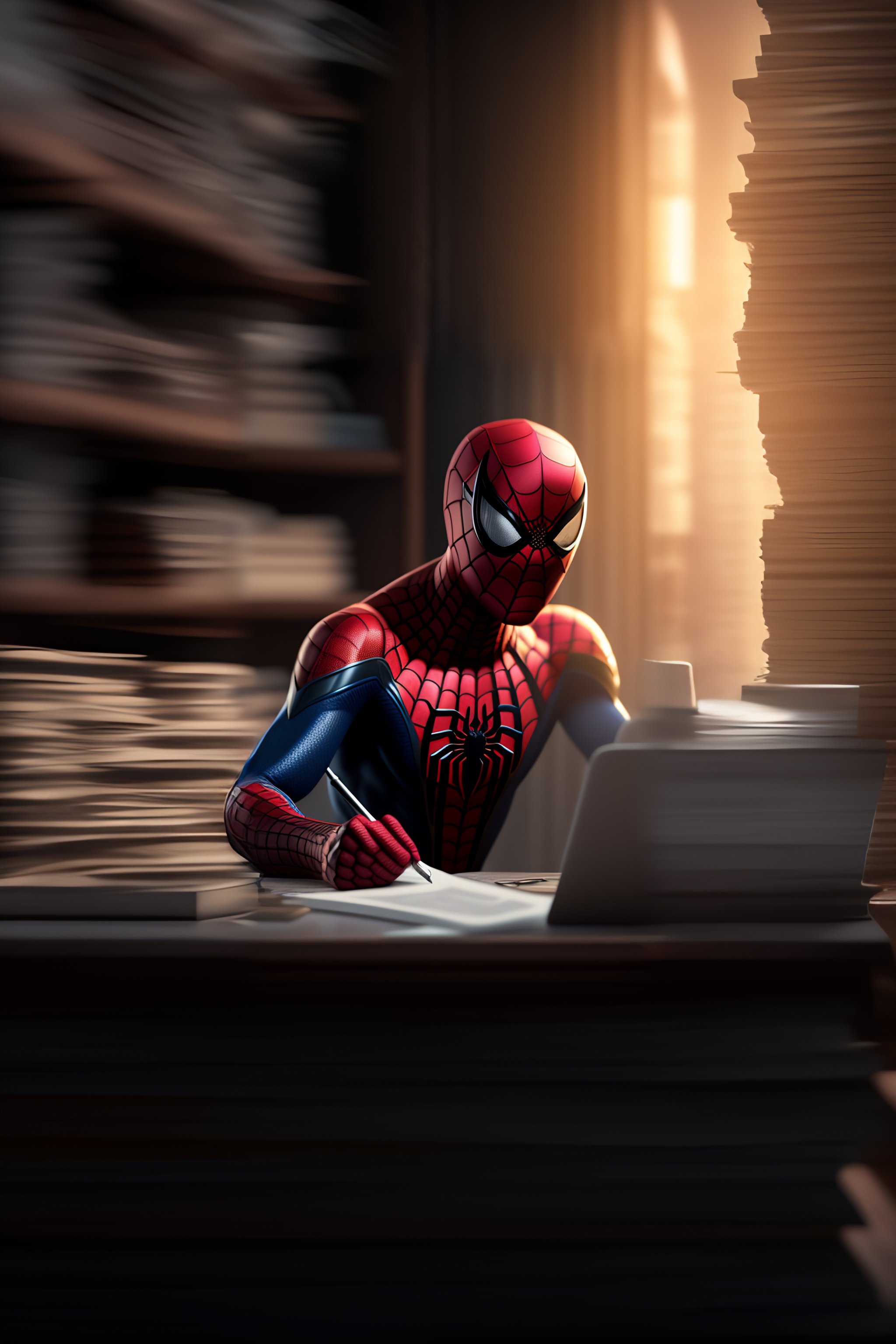 Lexica - Spider-Man commiting tax fraud, paperwork, exhausted, by serov ...