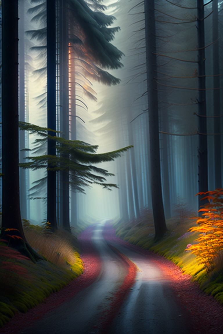 Lexica - Misty abandoned woodland, horror atmosphere overgrown pathways.