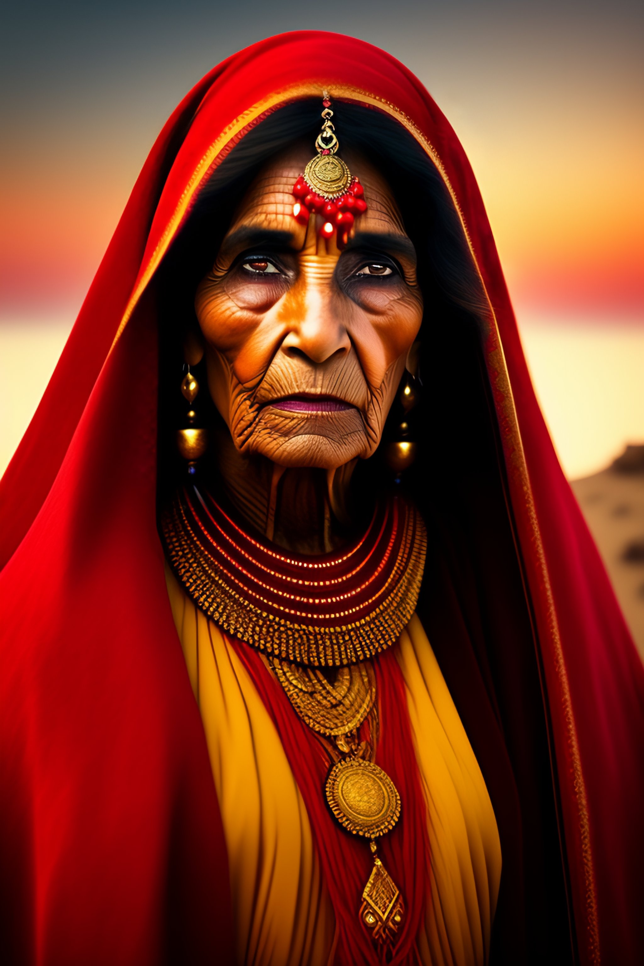 Lexica - Guanche old woman, red and gold clothes, poor