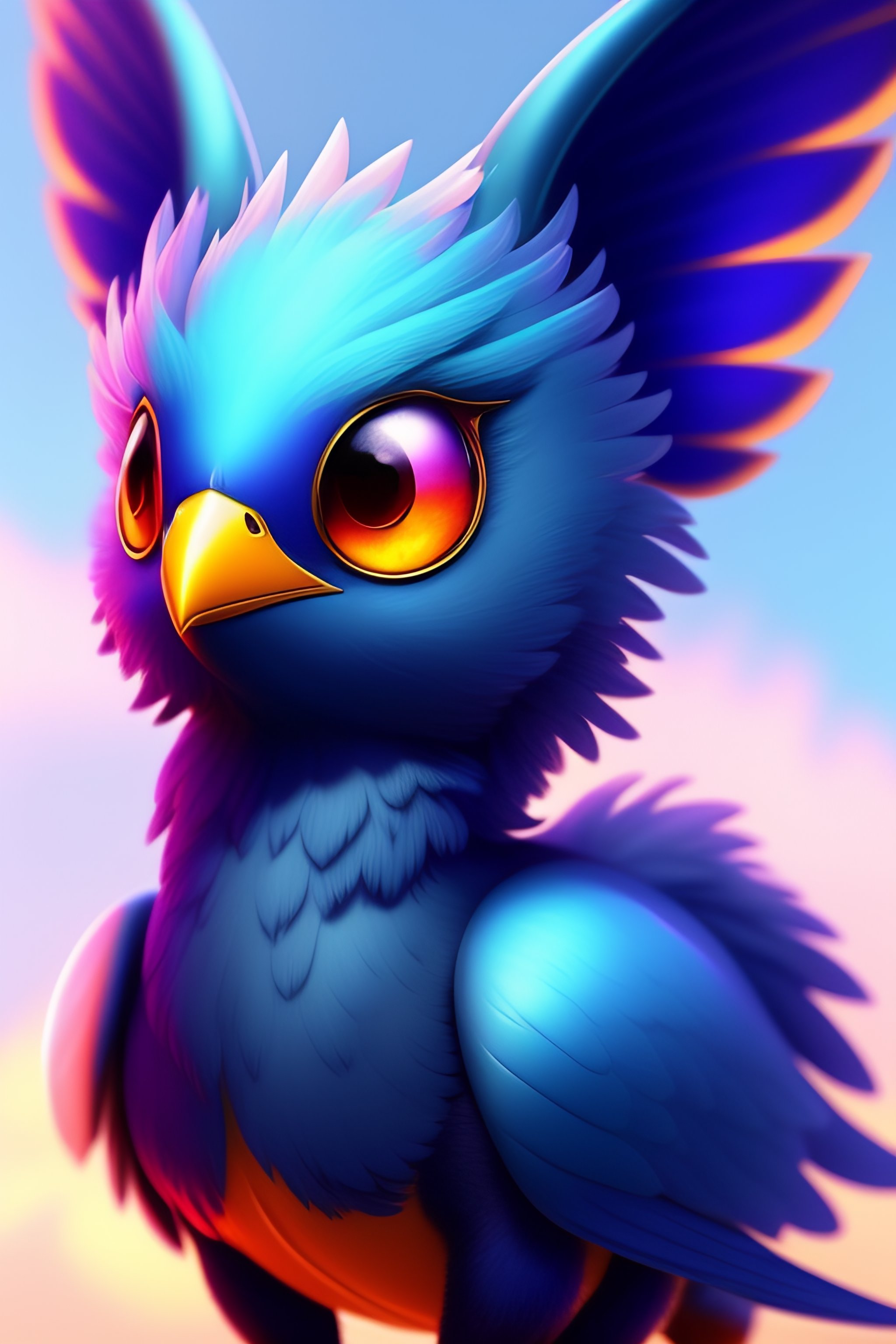 Lexica - A cute phoenix with big eyes and a black beak, it's feathers ...