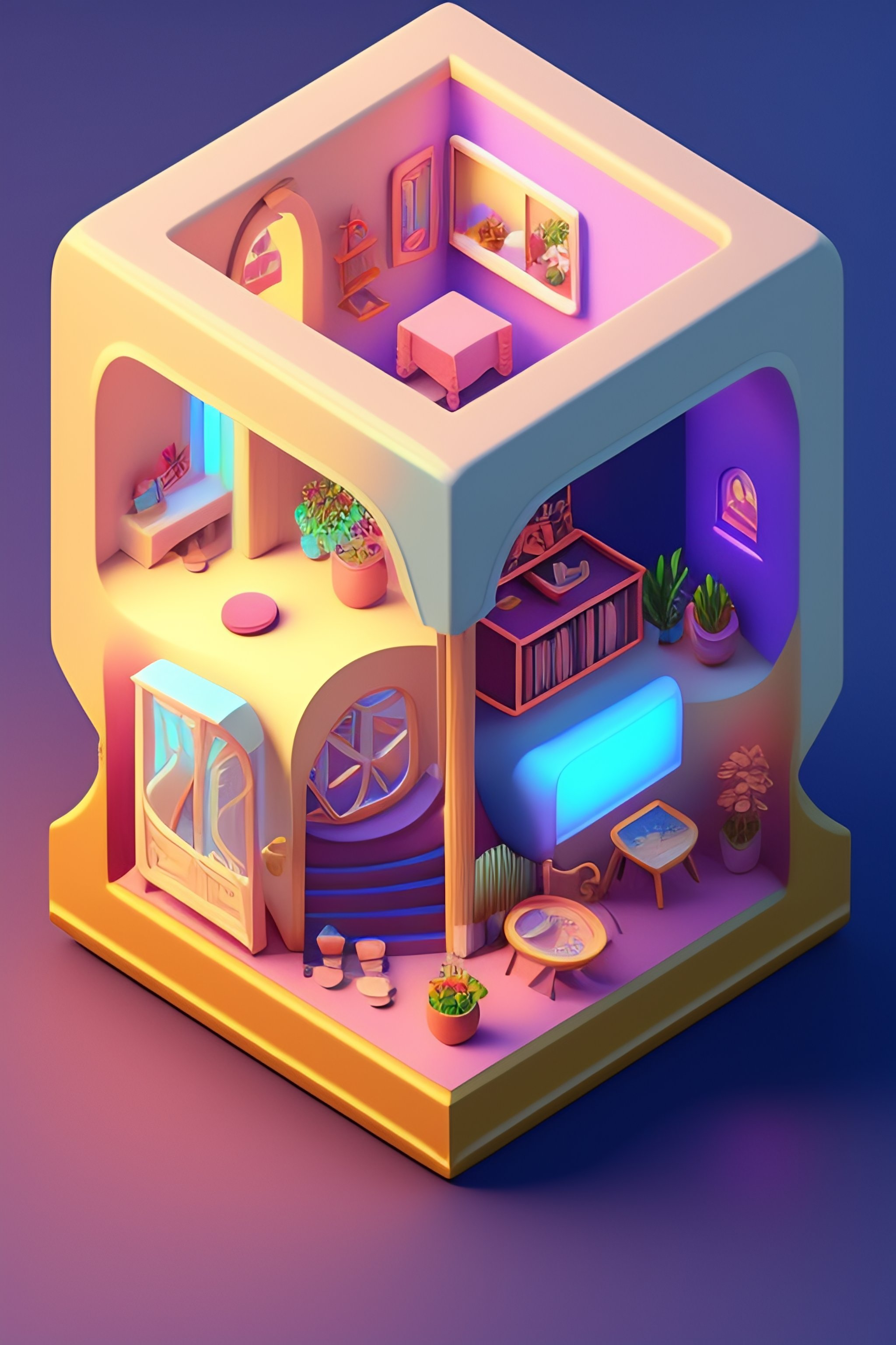 Lexica - Cube cutout of an isometric living room, 3d art, pastel colors, soft lighting, high ...