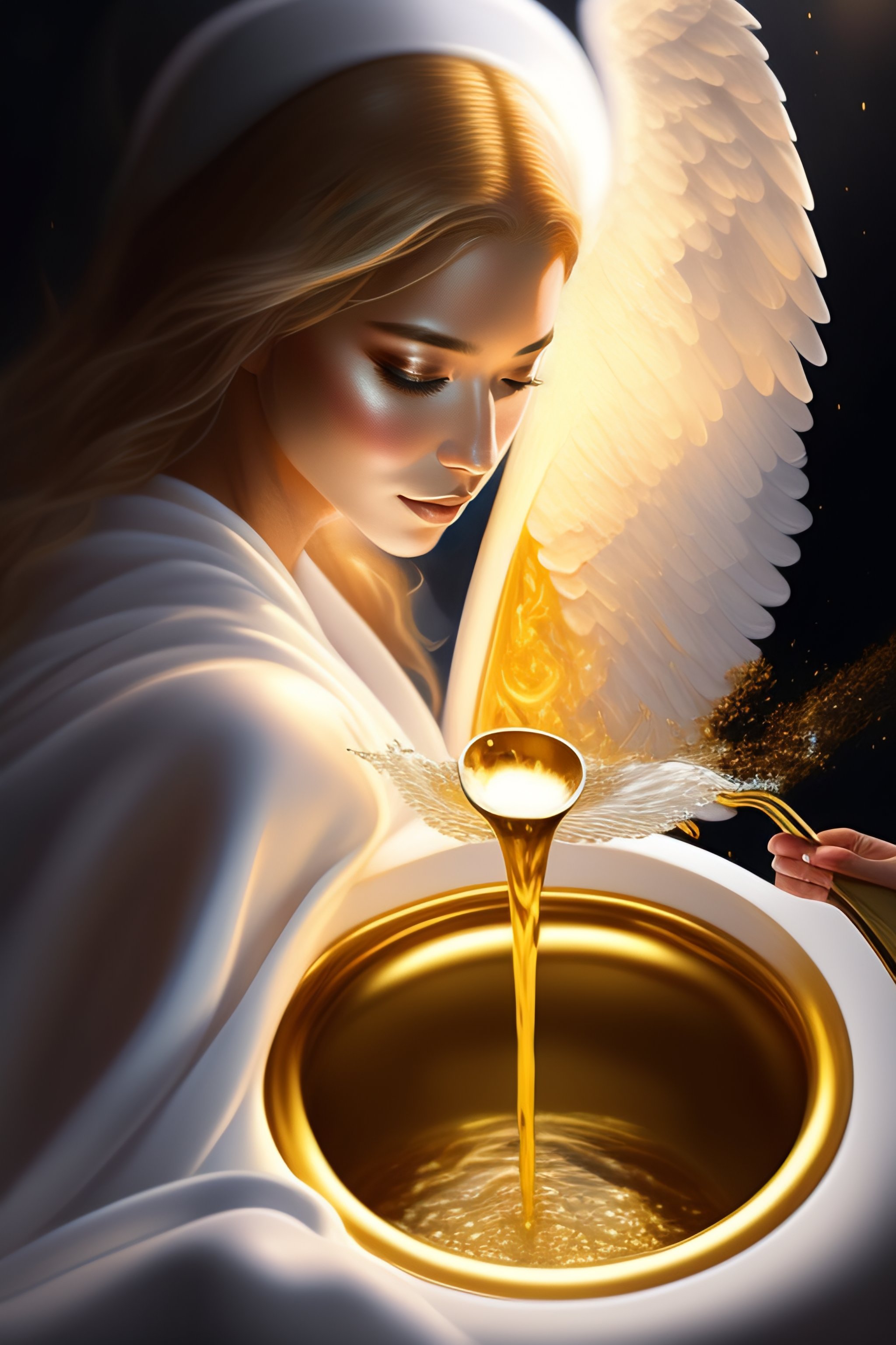 Lexica - An angel on white robe pouring water from a golden grail art ...