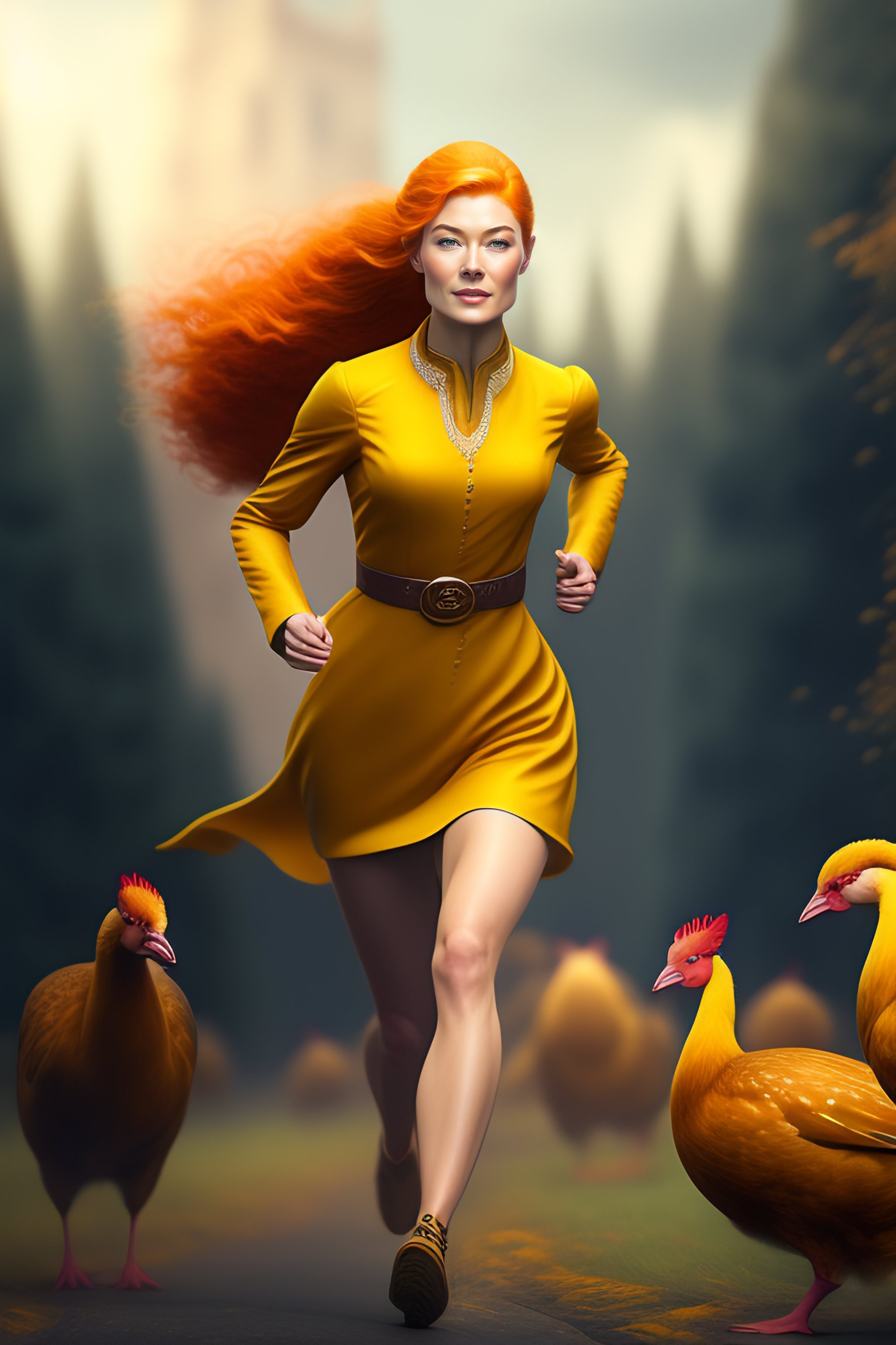 Lexica - Rosamund Pike is a ginger elf wearing a yellow tunic running ...