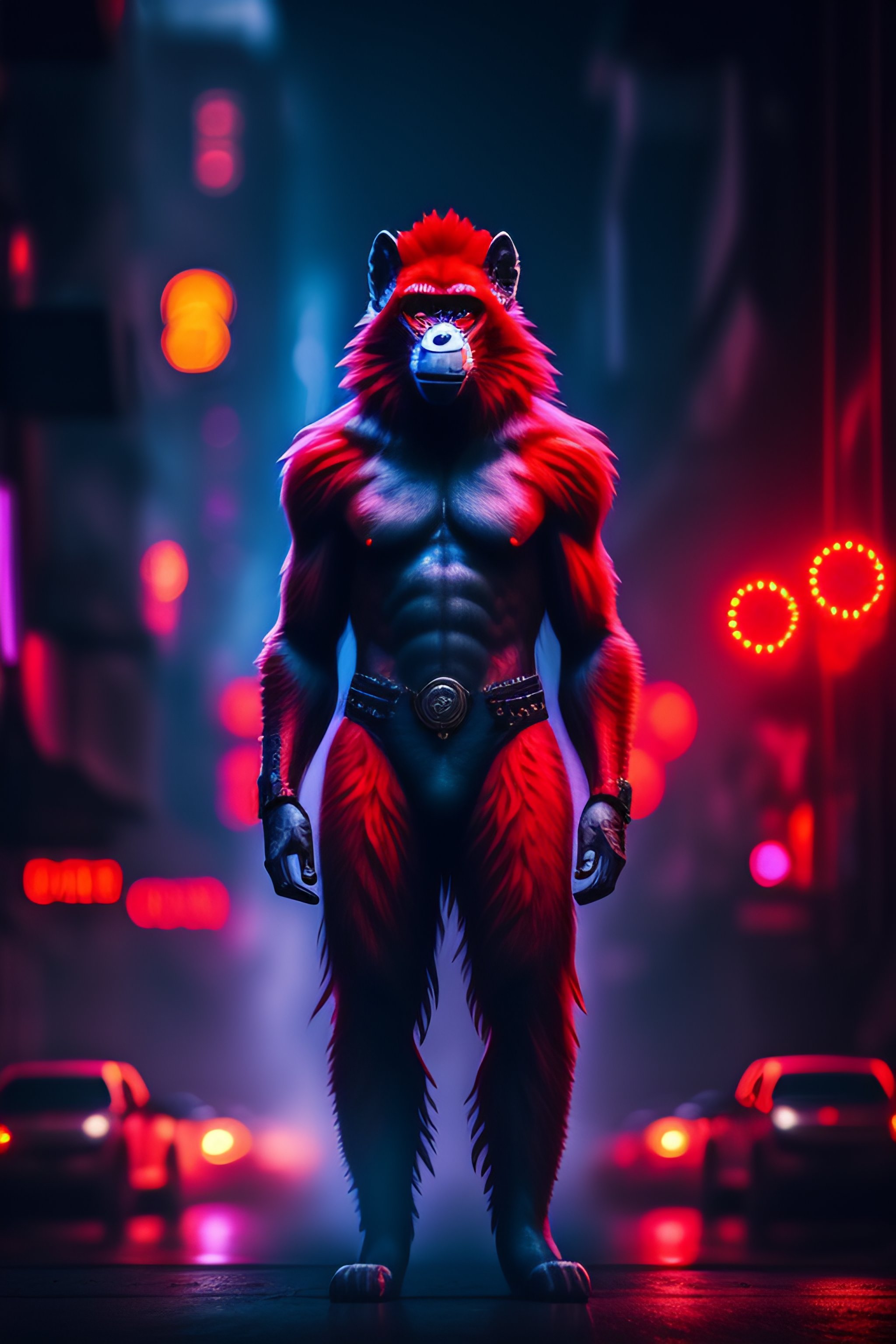 Lexica - Male red monkey-fox humanoid, red lights, metropolis, cyber ...