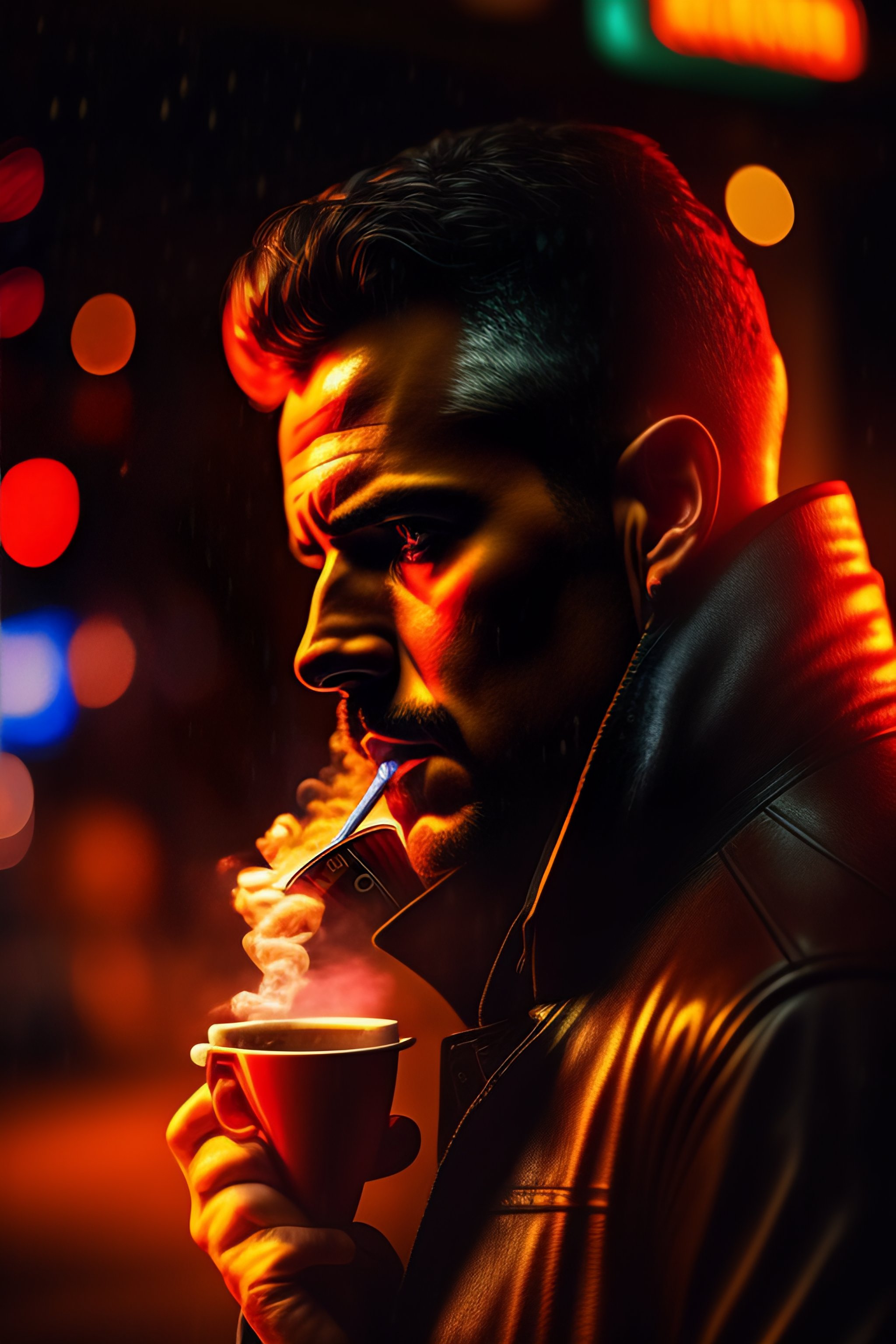 Lexica - A film shot of a detective smoking while drinking his coffee ...