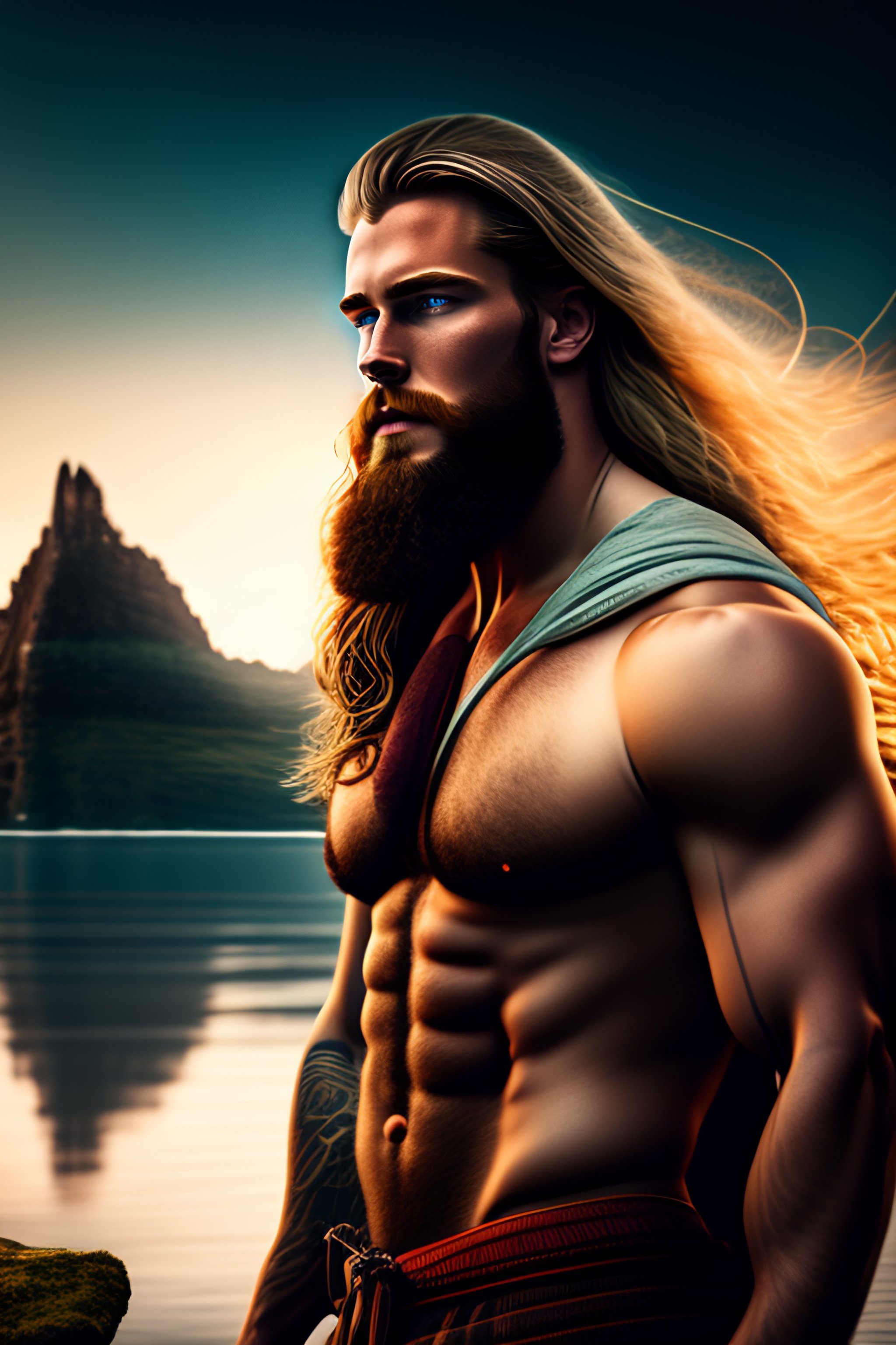Lexica - Handsome viking hunk, blond, long hair, beard, looking at ...