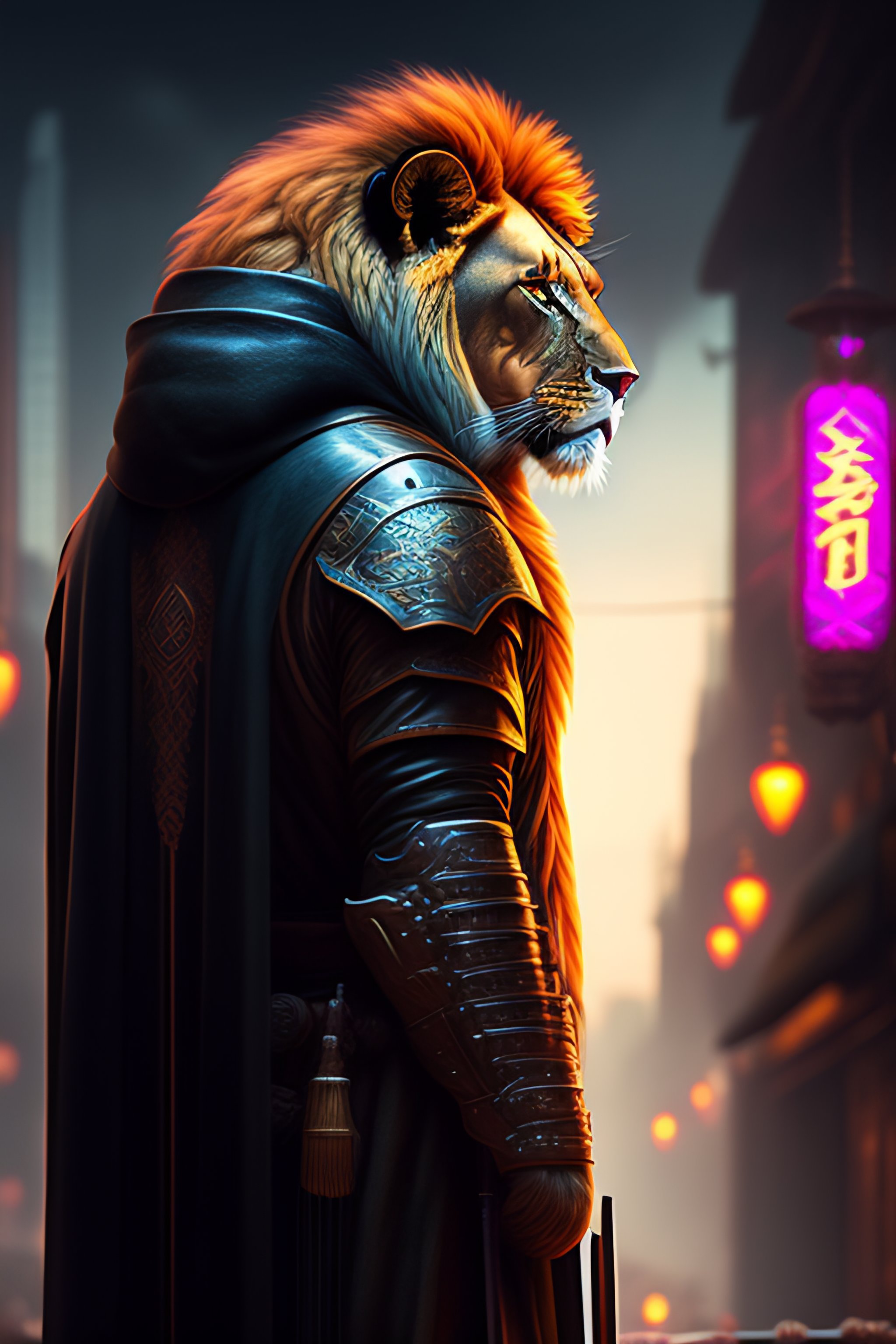 Lexica - Ronin lion entering a cyberpunk saloon