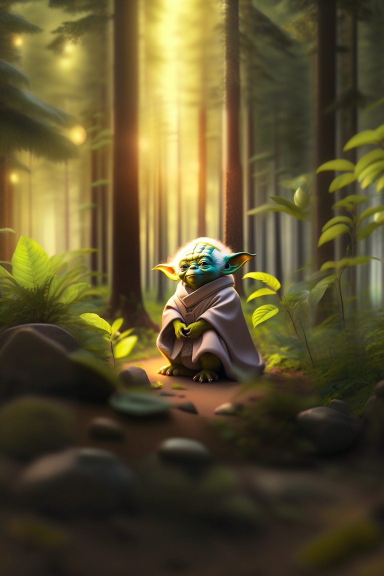 Lexica - Yoda in the forest, sitting sideways on toadstool with glowing ...
