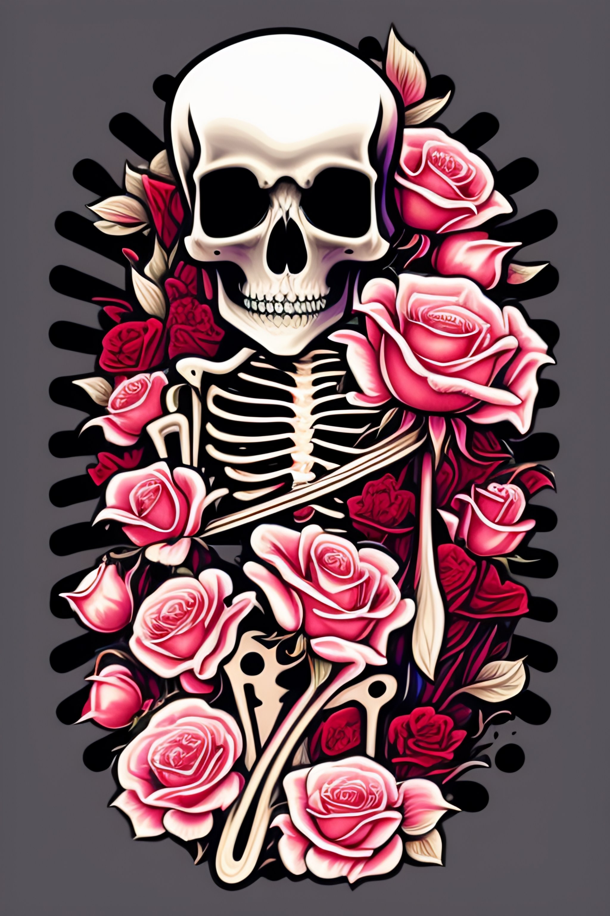 Lexica - A tshirt design of a skeleton person holding roses, low ...