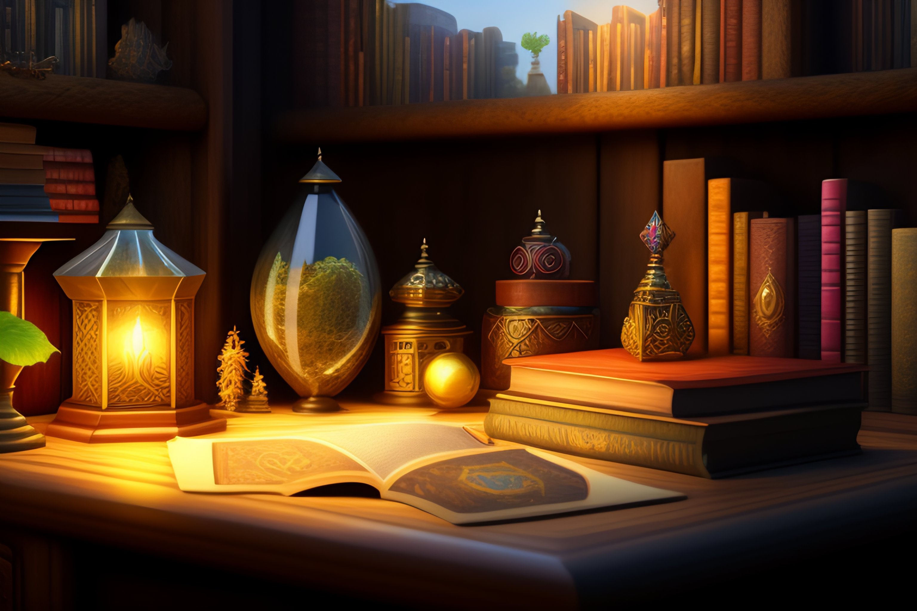 Lexica - Panoramic view of fantasy wizard's work table with magical ...