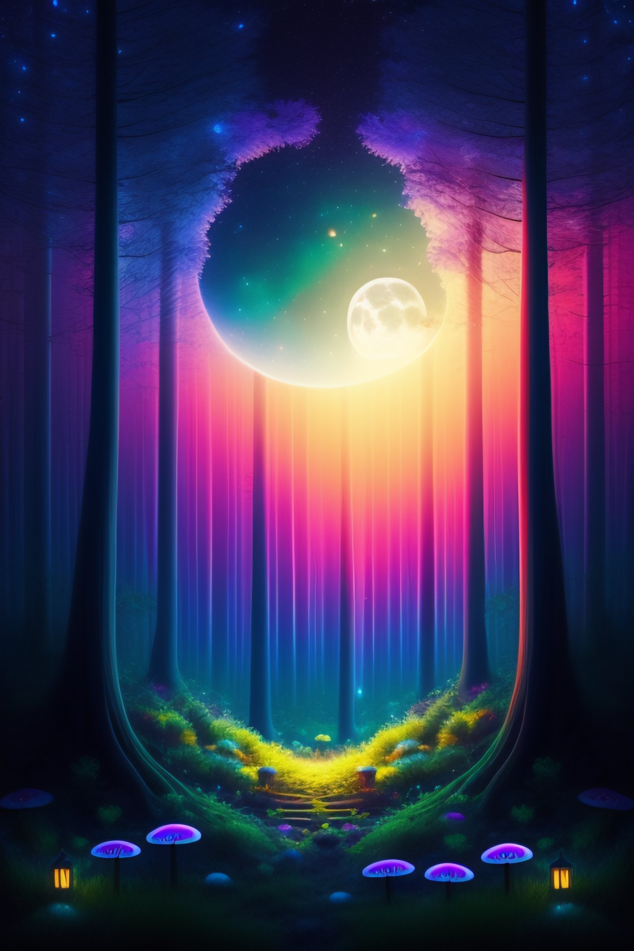 Lexica - Cosmic forest overgrown with mushrooms in the moonlight